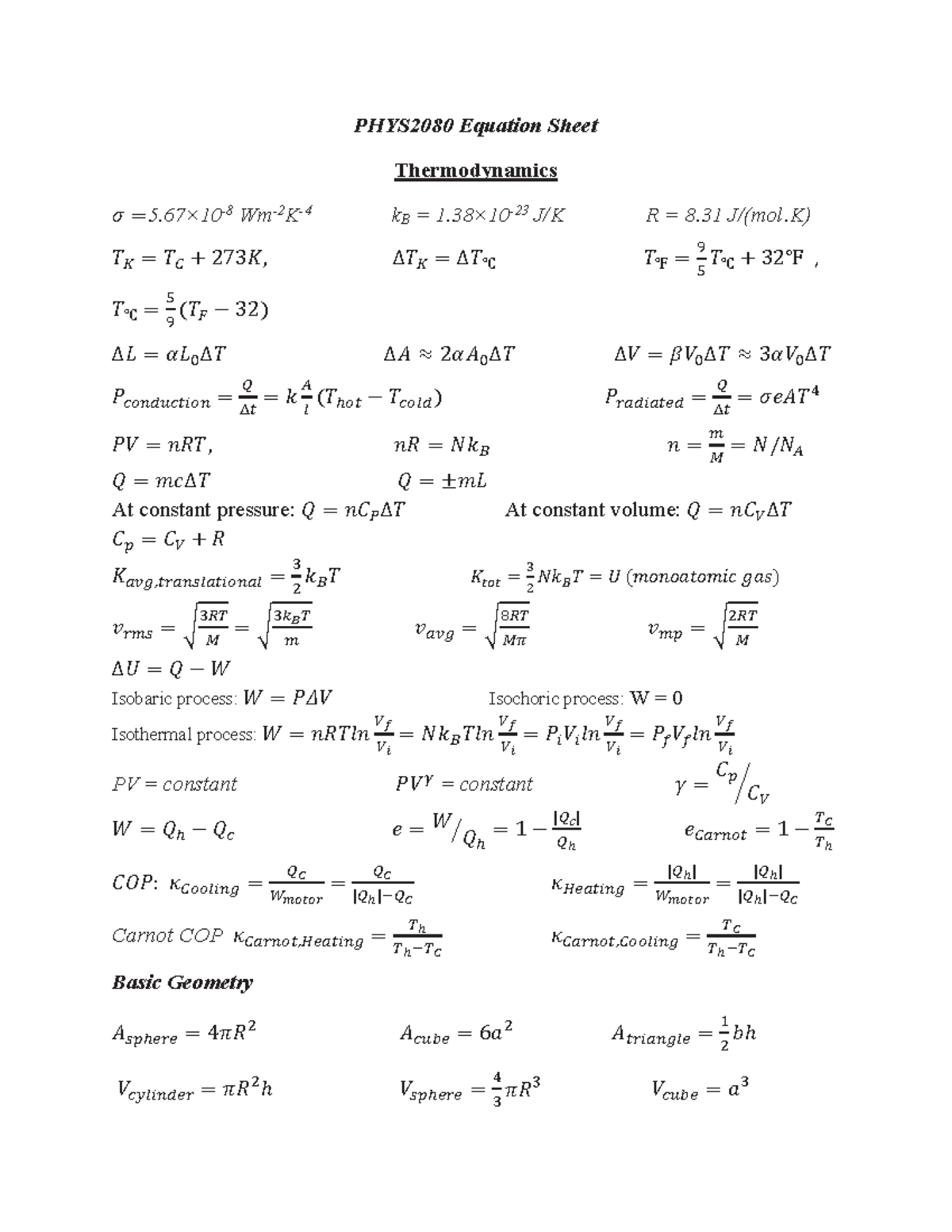 Thermodynamics Equation Sheet