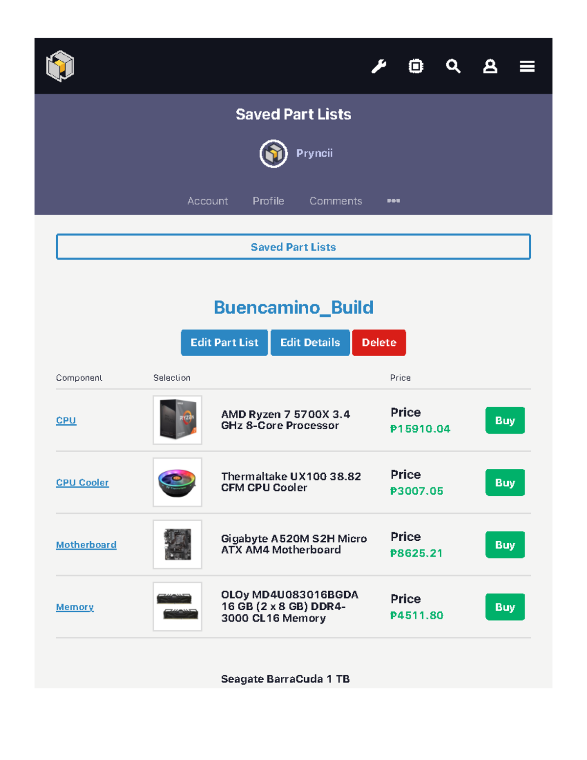 Pryncii - Saved Part Lists - PCPart Picker - Saved Part Lists Buencamino_Build Edit Part List ...
