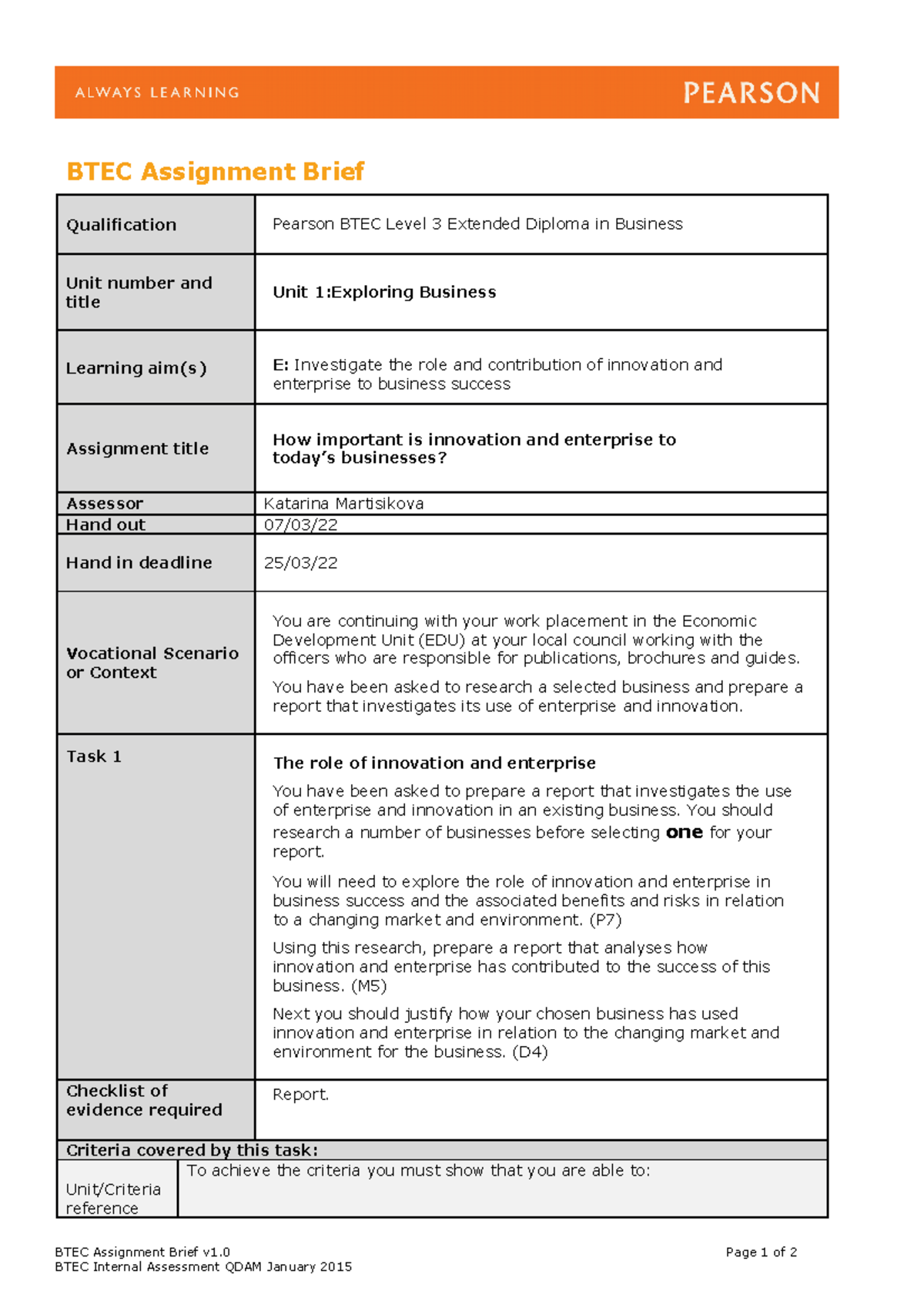 U1A3 - Unit 1 A3 - BTEC Assignment Brief Qualification Pearson BTEC ...