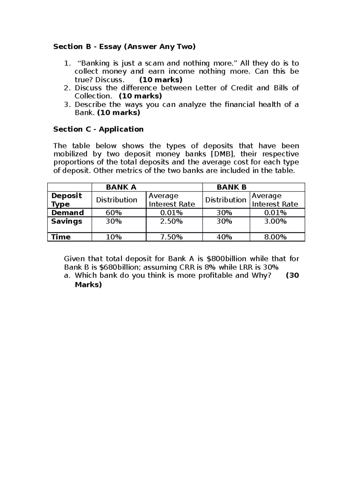 Dynamics of Banking Exam Section B C - Section B - Essay (Answer Any ...