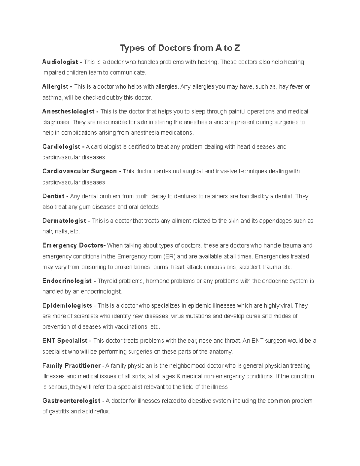 Basic Medical Terminology Types of Doctors from A to Z - Types of ...