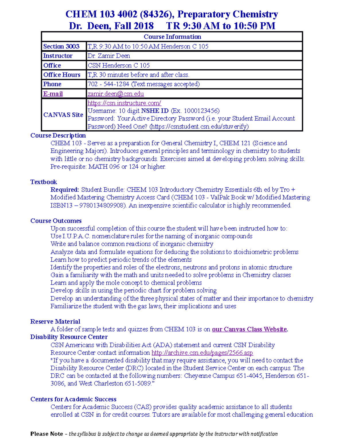 Syllabus CHEM 103 4002 84326 2 - CHEM 103 4002 (84326), Preparatory ...