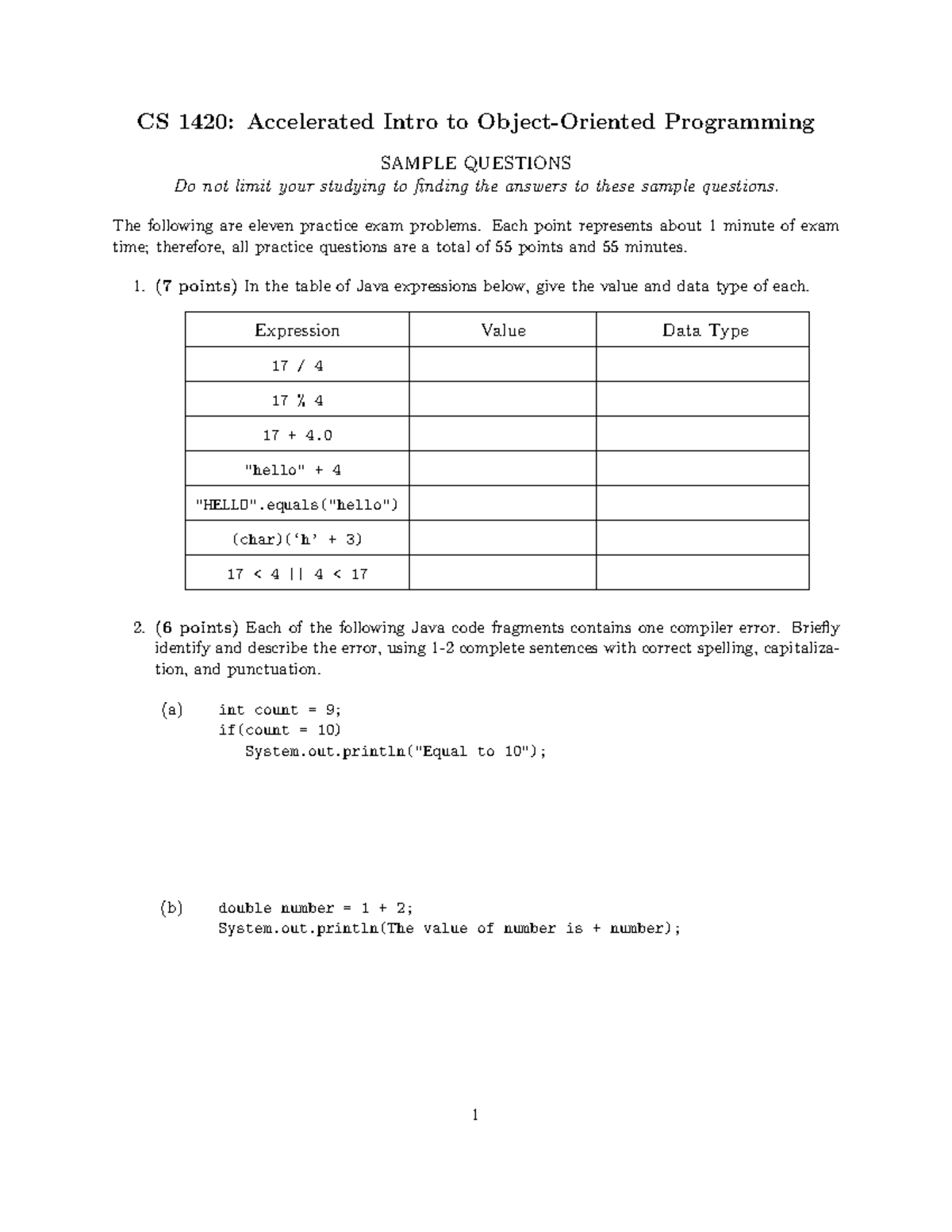 Sample - pls look - CS 1420: Accelerated Intro to Object-Oriented Programming SAMPLE QUESTIONS ...