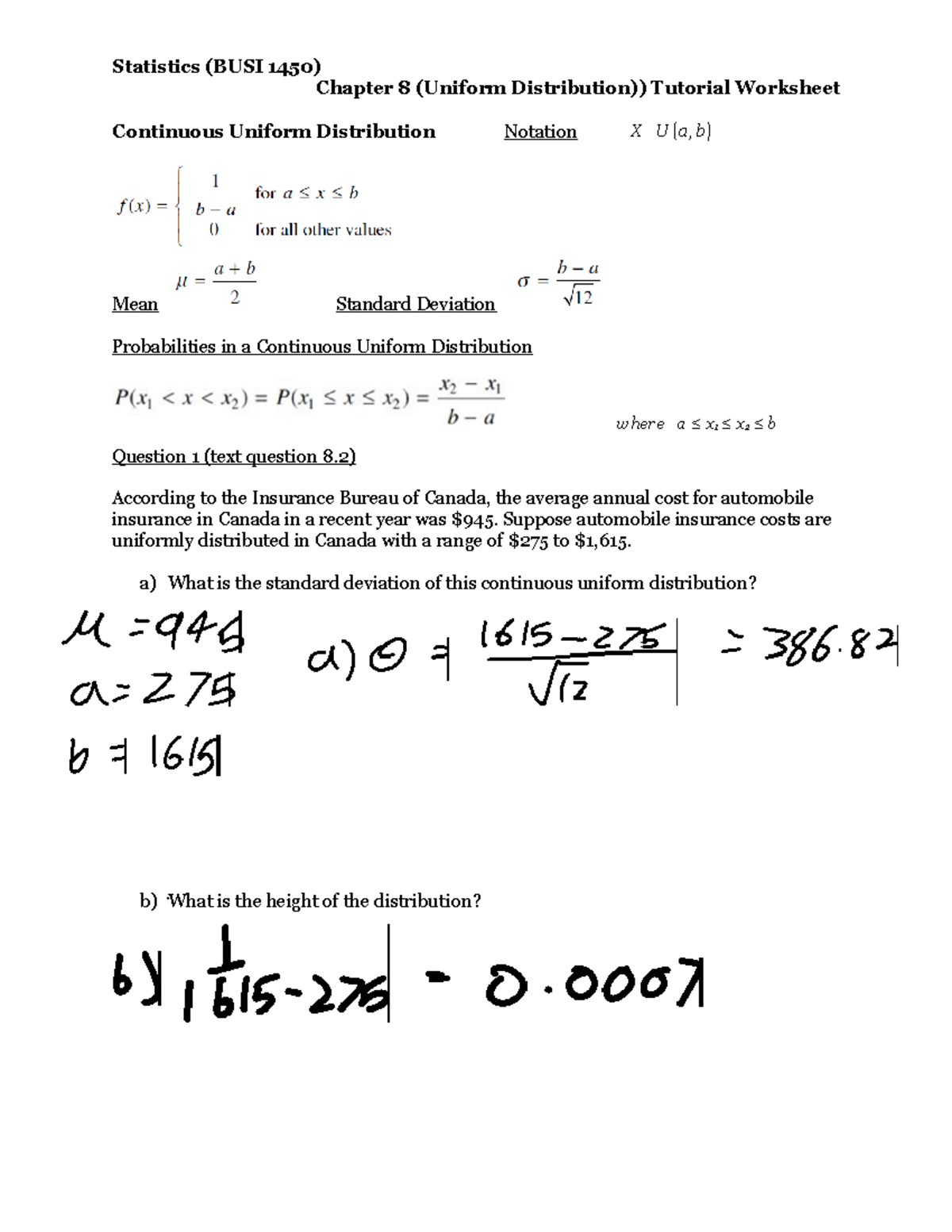 Chapter 8 (Uniform Distribution) Worksheet - Statistics (BUSI 1450 ...