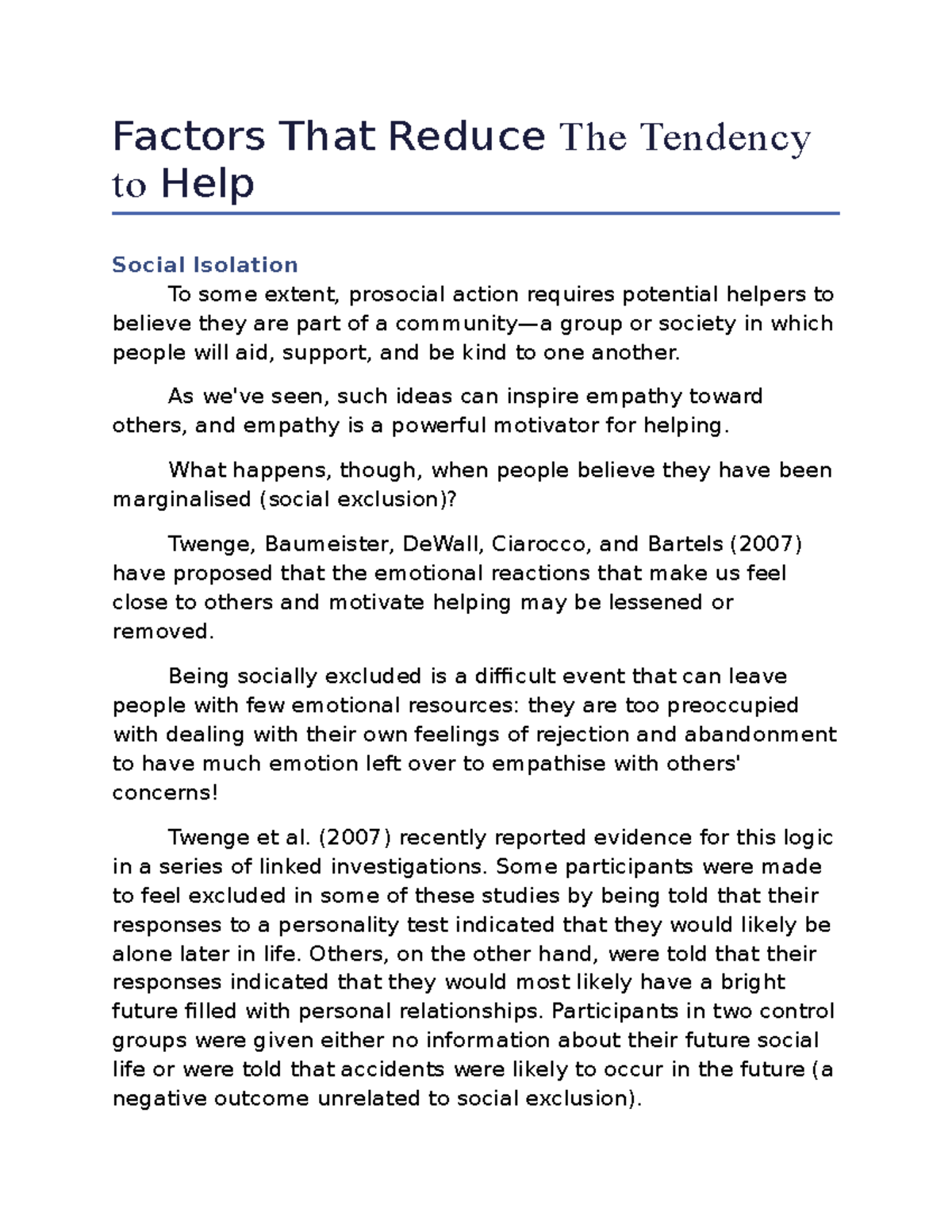 Factors That Reduce The Tendency to Help - Factors That Reduce The ...