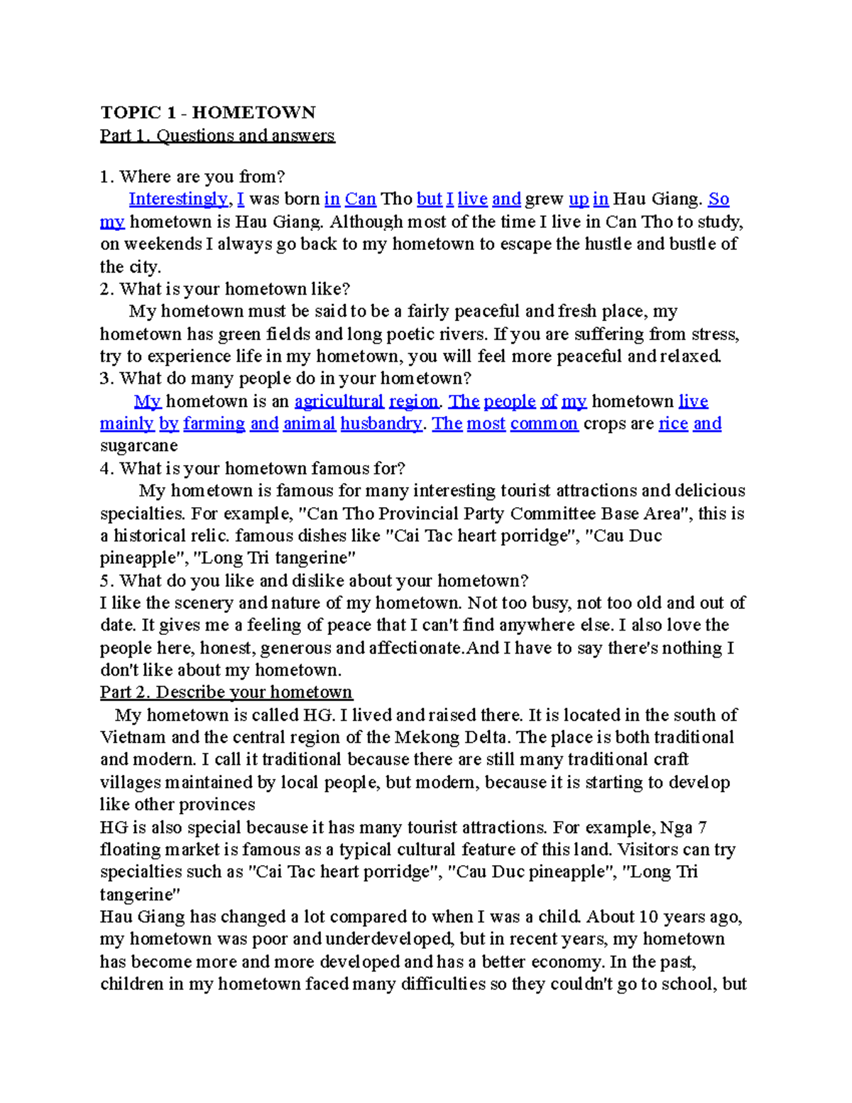 Speakingtest - jhdwurguihd - TOPIC 1 - HOMETOWN Part 1. Questions and ...