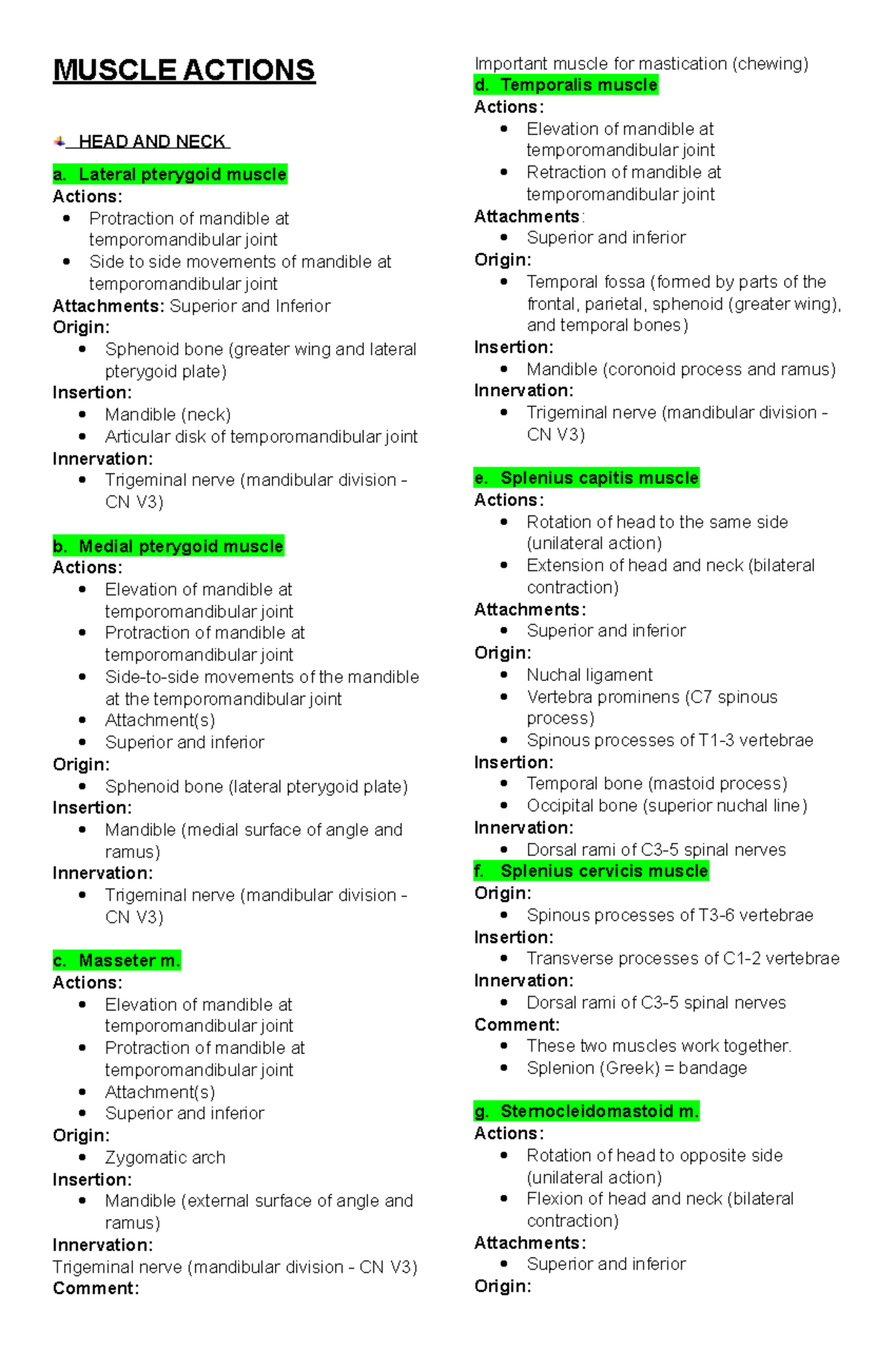 MLS 111 LECTURE NOTES - MUSCLE ACTIONS HEAD AND NECK a. Lateral ...