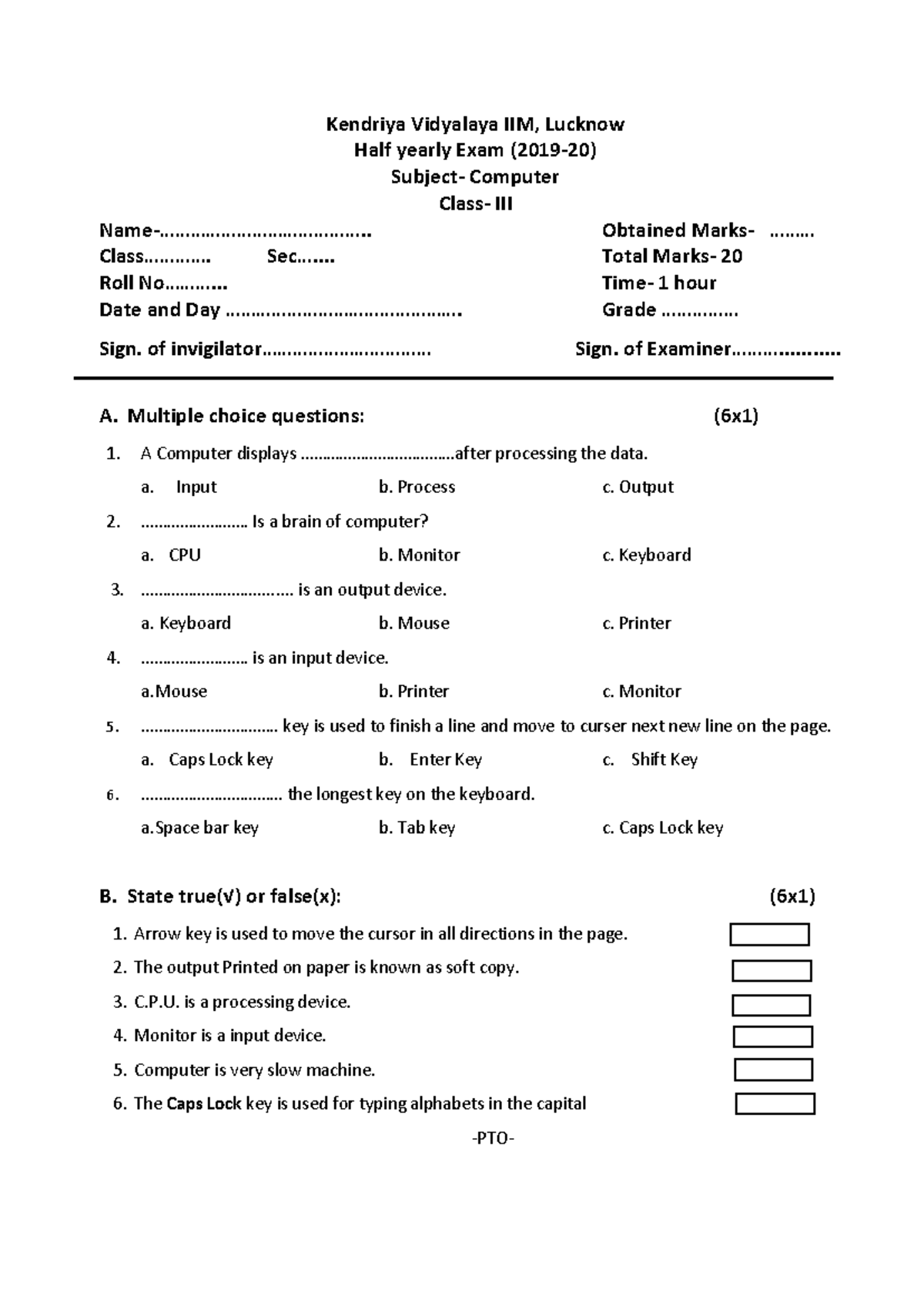 Class III Computer - SAMPLE QUESTION PAPER - Kendriya Vidyalaya IIM ...