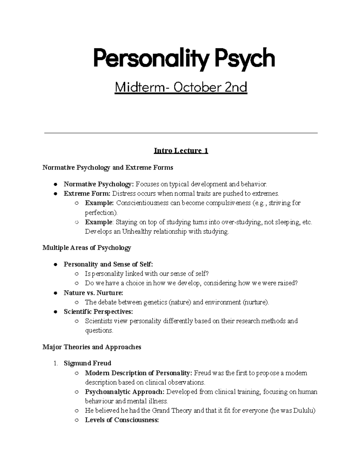 Mid Term 1 Personality Psych-Ontario tech - Personality Psych Midterm ...