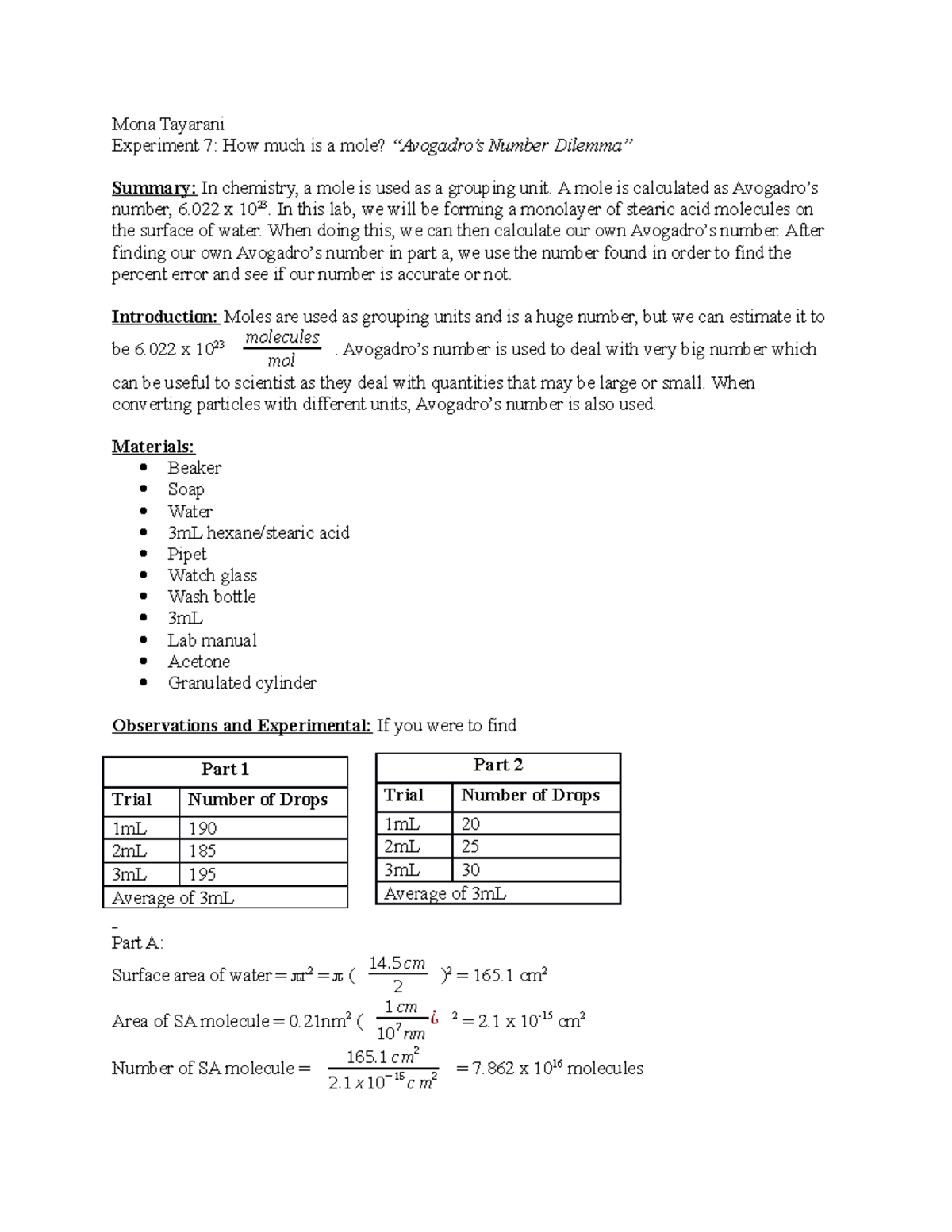 Experiment 7 - How much is a mole - Mona Tayarani Experiment 7: How ...