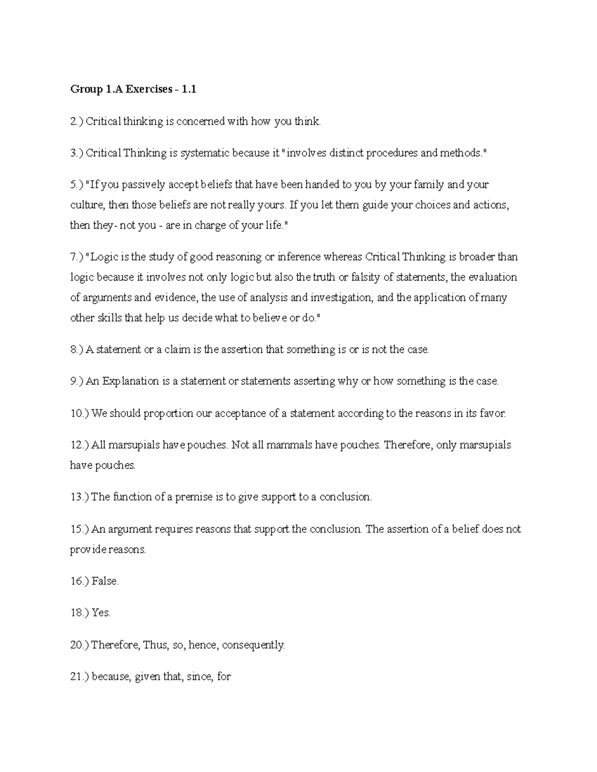 Module 1 Exercises - Group 1 Exercises - 1. 2.) Critical thinking is ...