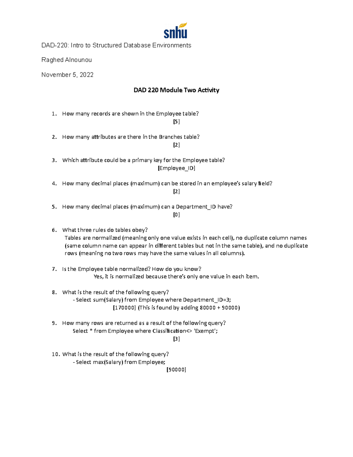 Module Two Activity - DAD-220: Intro to Structured Database Environments Raghed Alnounou ...