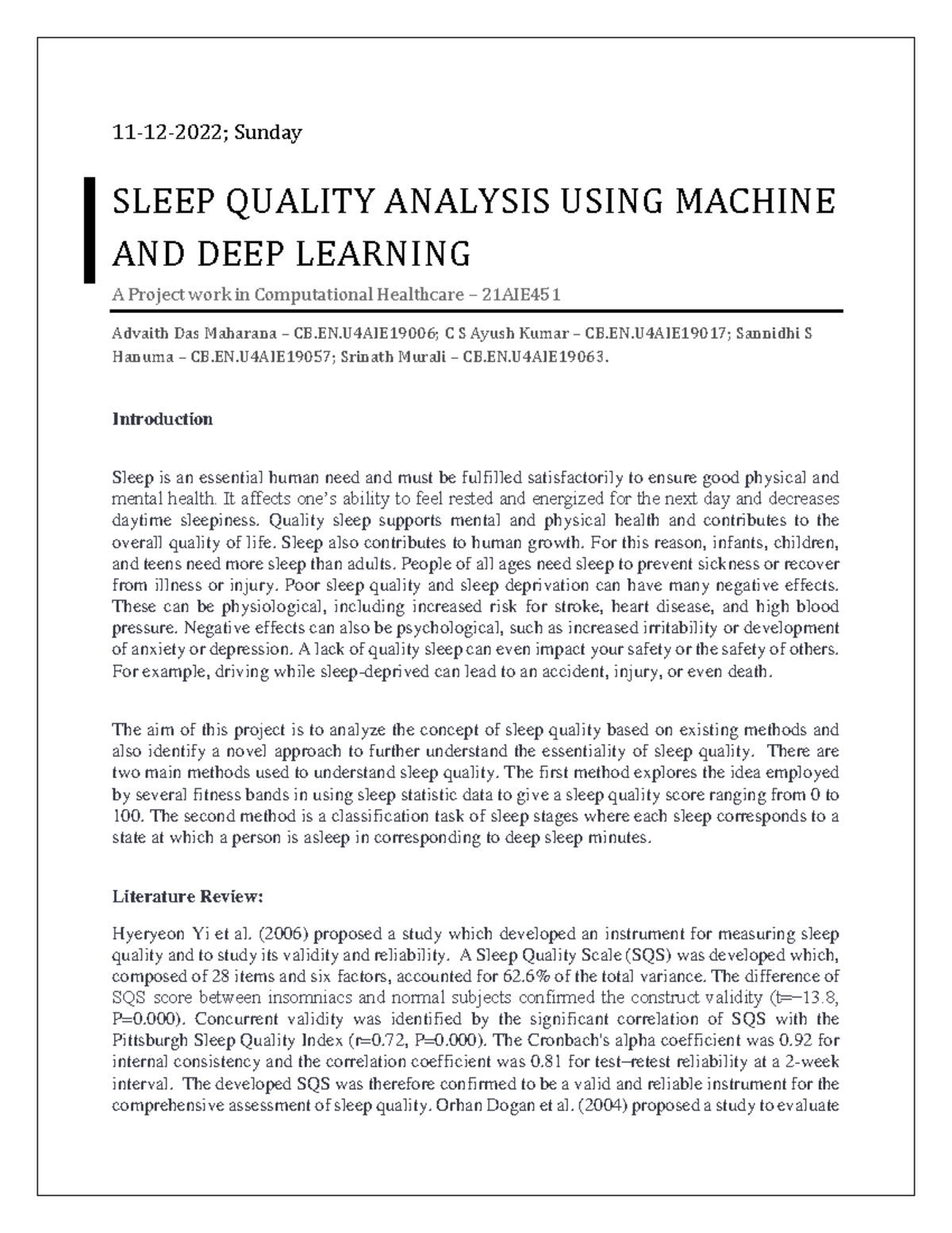 C S Ayush Kumar - [CB - harishchandar - 11-12-2022; Sunday SLEEP QUALITY ANALYSIS USING MACHINE ...