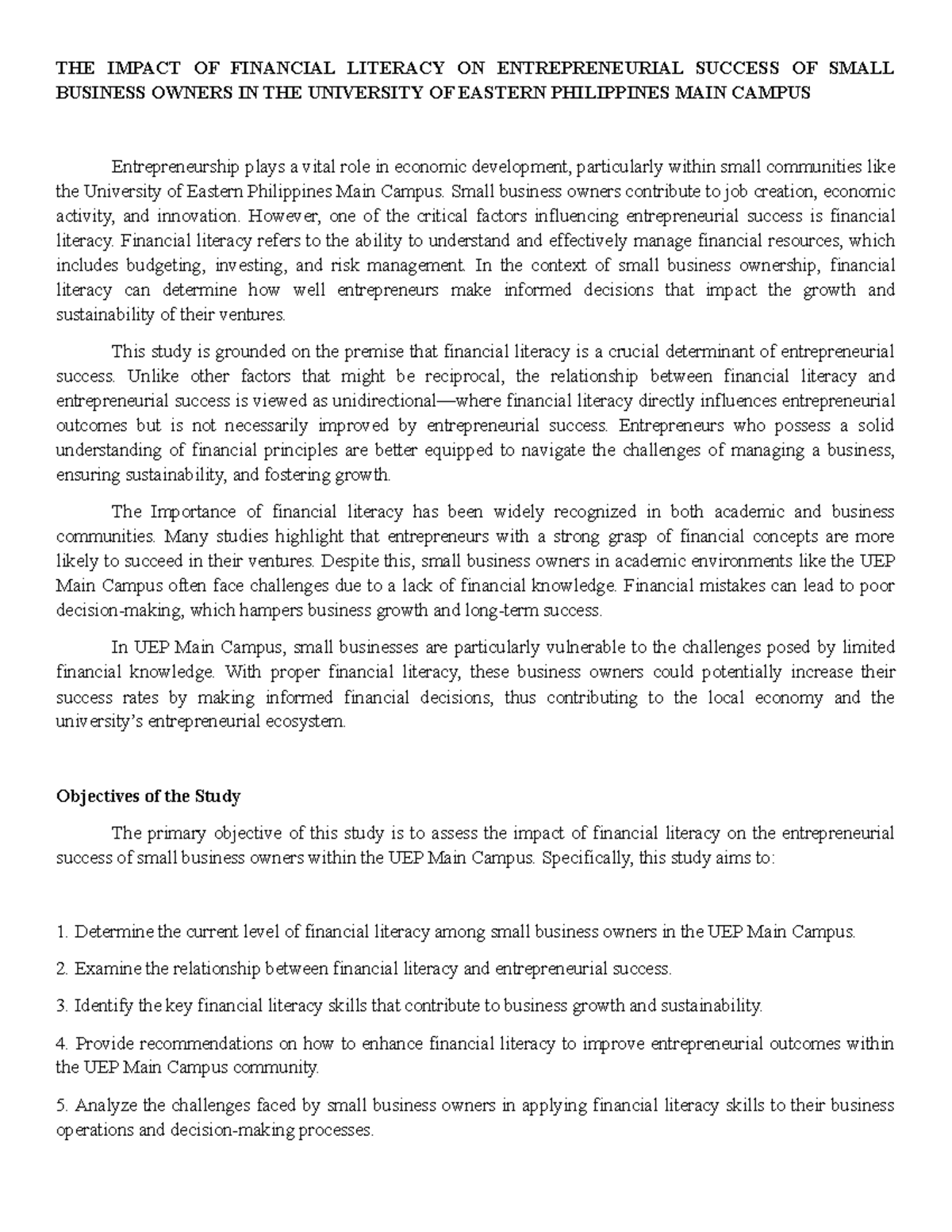 Document pr - rationale - THE IMPACT OF FINANCIAL LITERACY ON ...