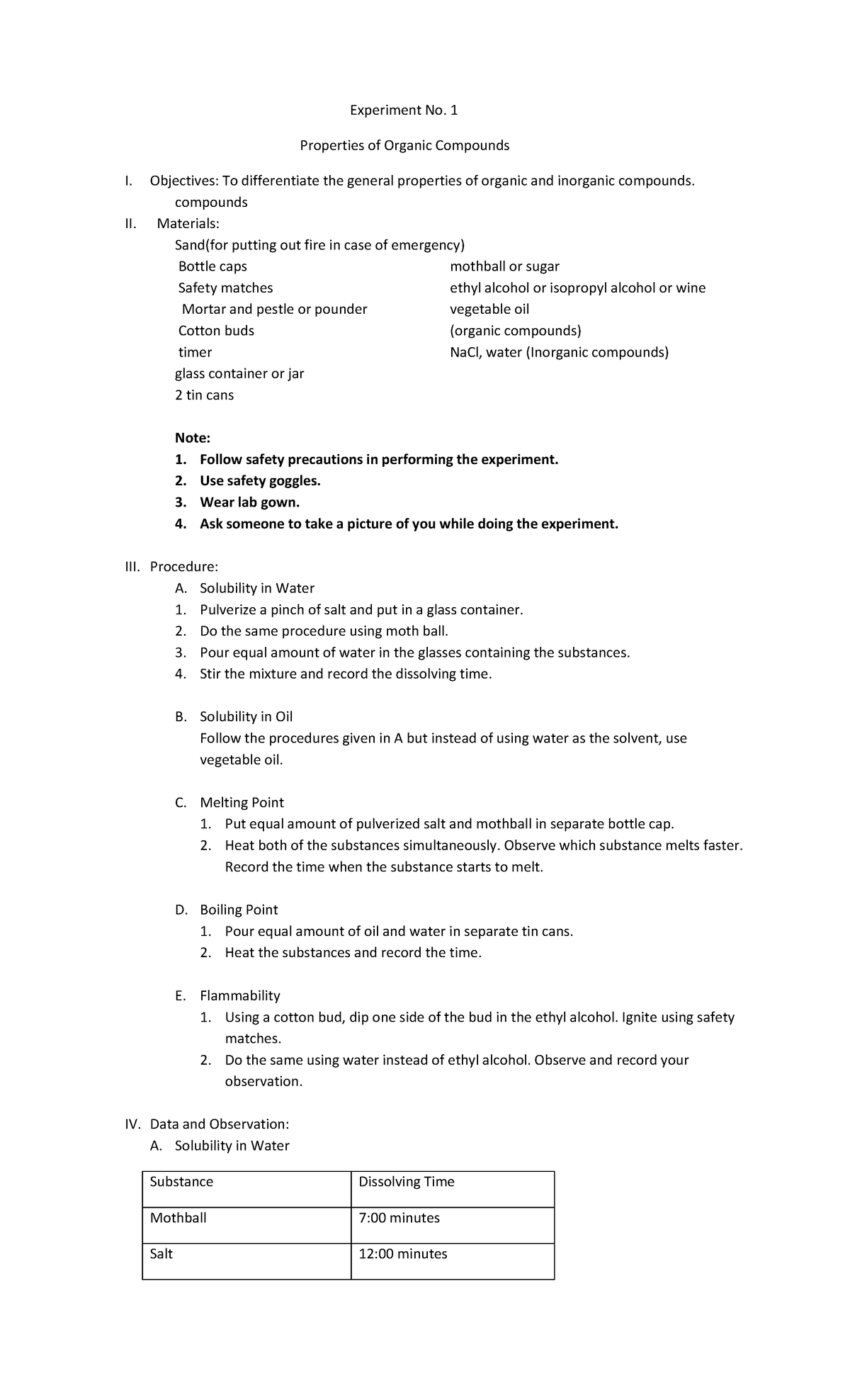 Experiment No. 1 CHM02 - Experiment No. 1 Properties of Organic ...