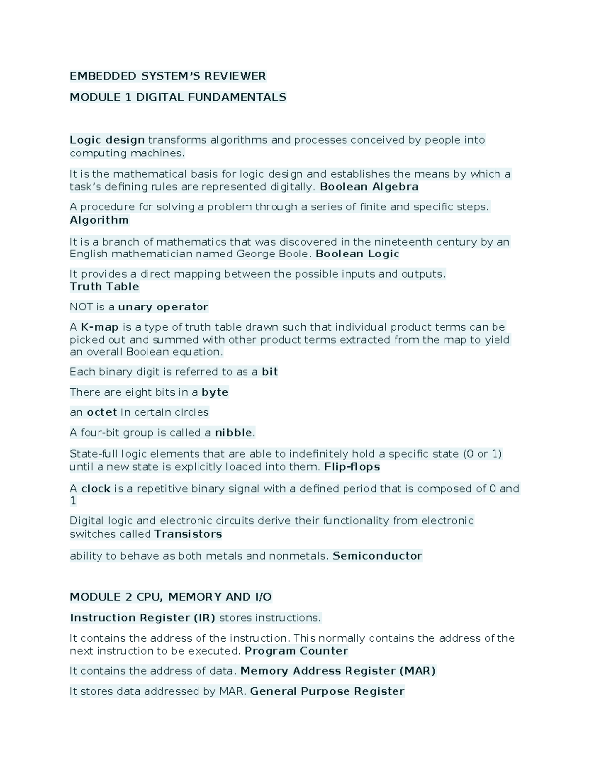 Embedded reviewer - EMBEDDED SYSTEM’S REVIEWER MODULE 1 DIGITAL FUNDAMENTALS Logic design ...