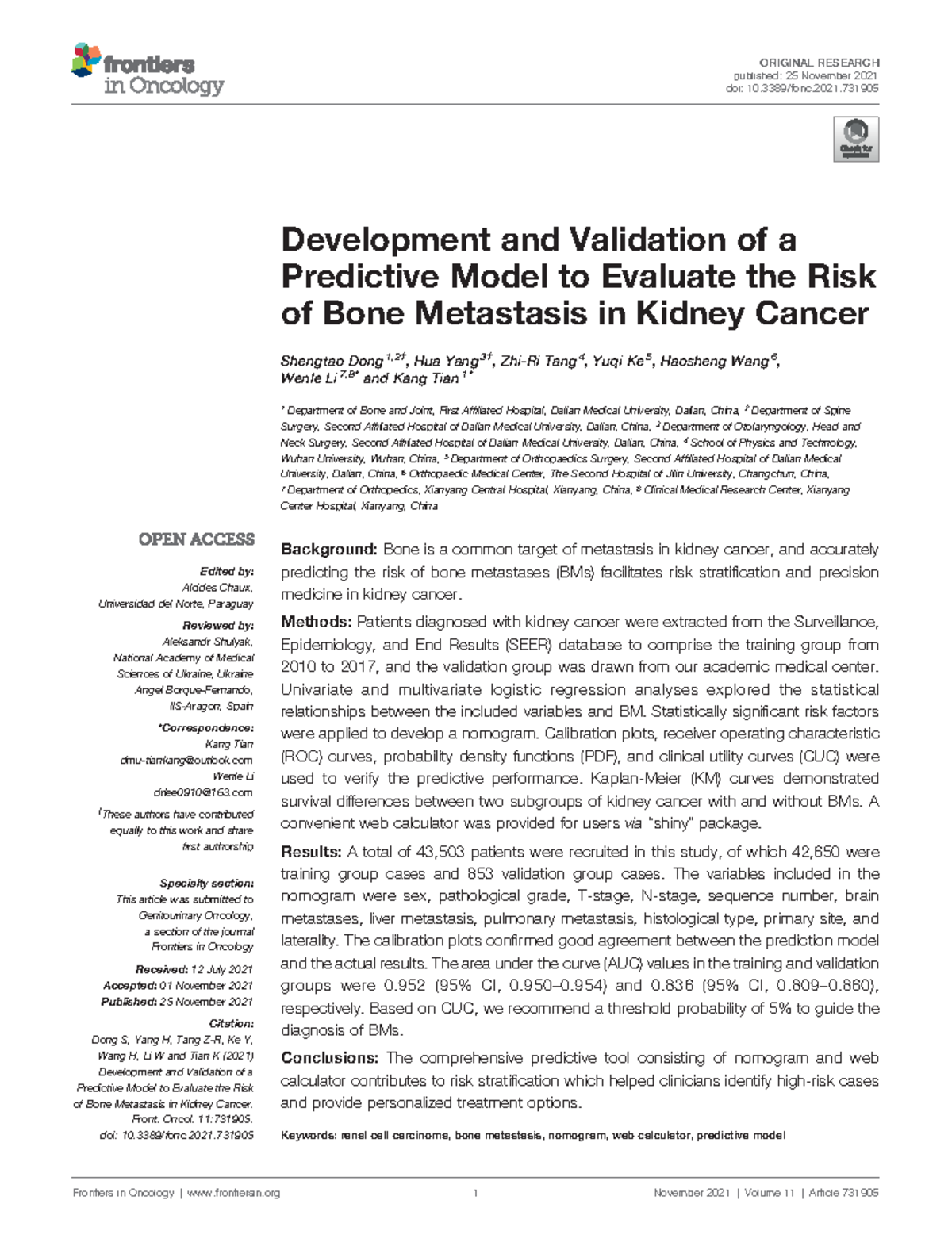 Fonc-11-731905 - bbb - Development and Validation of a Predictive Model ...