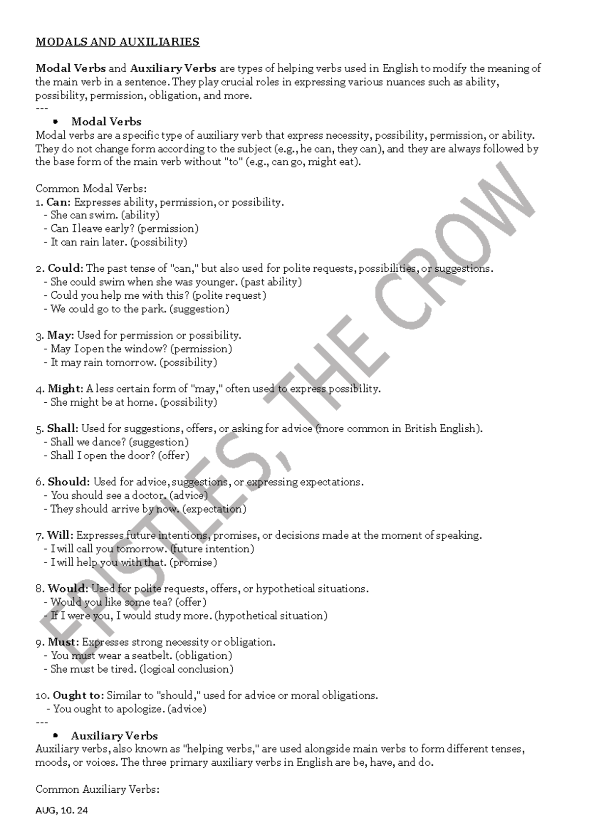 Modals AND Auxiliaries - MODALS AND AUXILIARIES Modal Verbs and ...