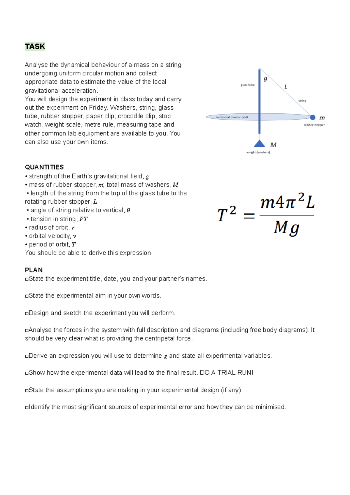 Physics 120 - LAB PREP - TASK Analyse the dynamical behaviour of a mass on a string undergoing ...