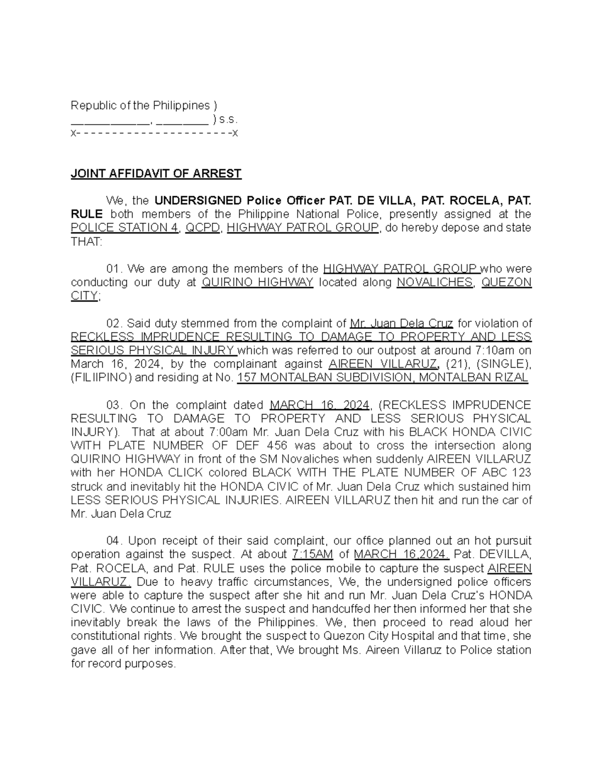 Joint Affidavit OF Arrest - Republic of the Philippines ) ____________, ________ ) s. x-x JOINT ...