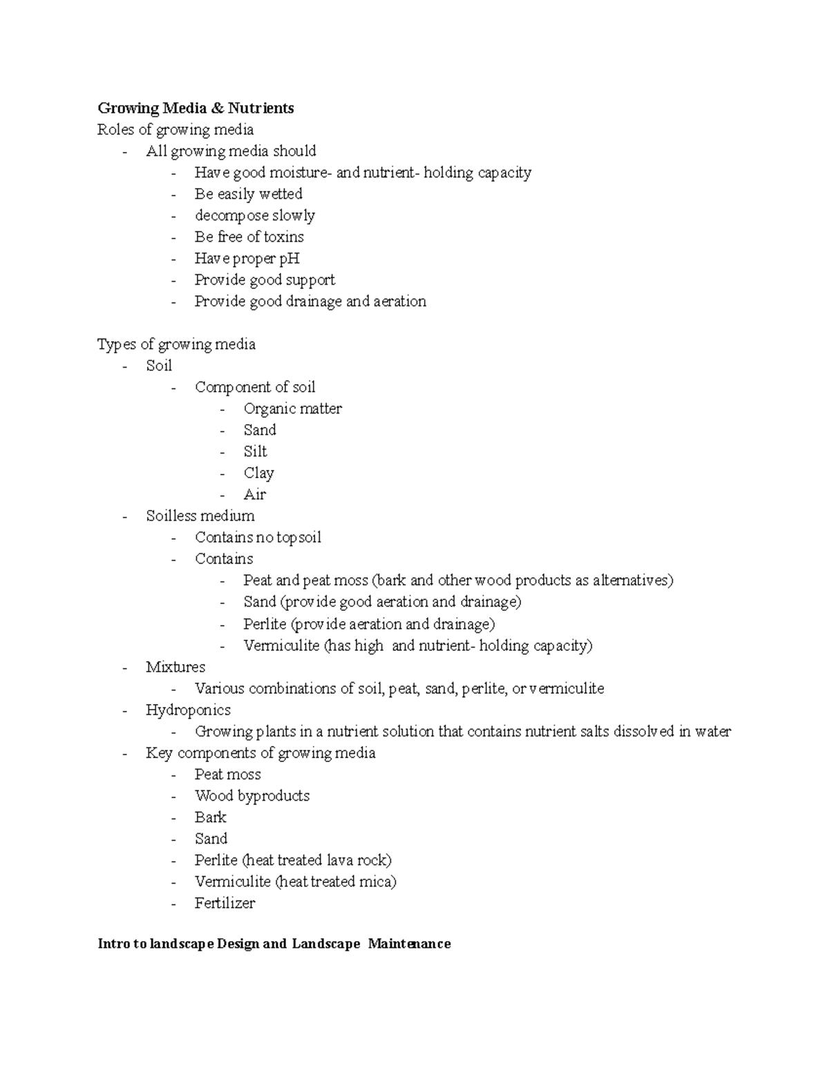 Horticulture notes #5 - Growing Media & Nutrients Roles of growing ...