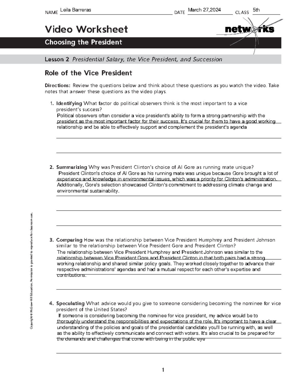 10.2 Video Worksheet Roles of the Vice President - NAME - Studocu