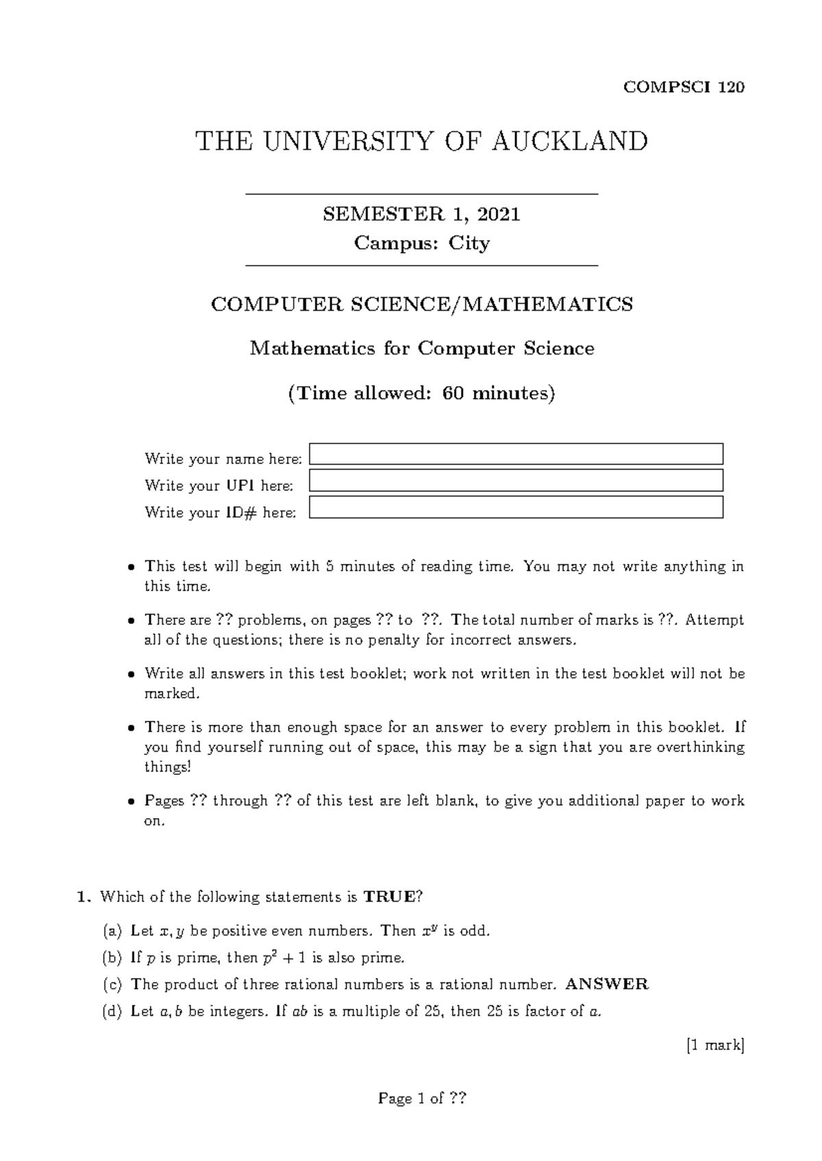Compsci 120-2021-S1-exam solutions - THE UNIVERSITY OF AUCKLAND SEMESTER 1, 2021 Campus: City ...