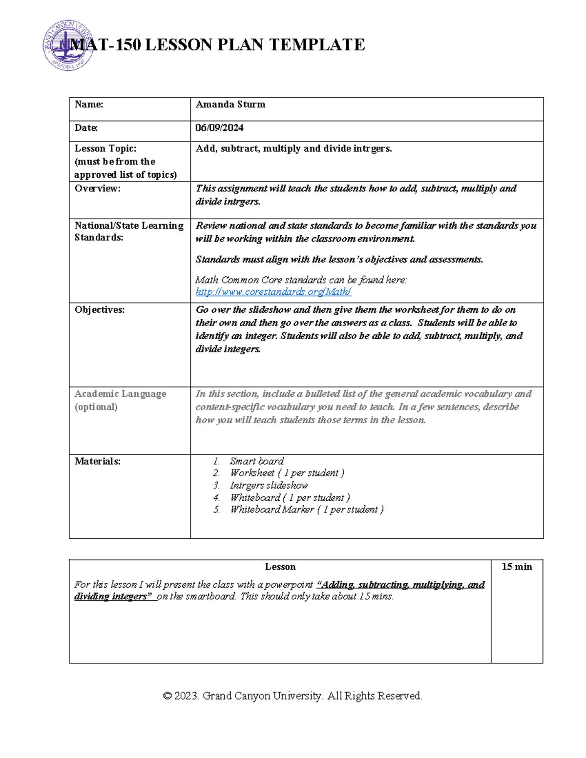 MAT-150 Lesson Plan Template - MAT-150 LESSON PLAN TEMPLATE Name ...