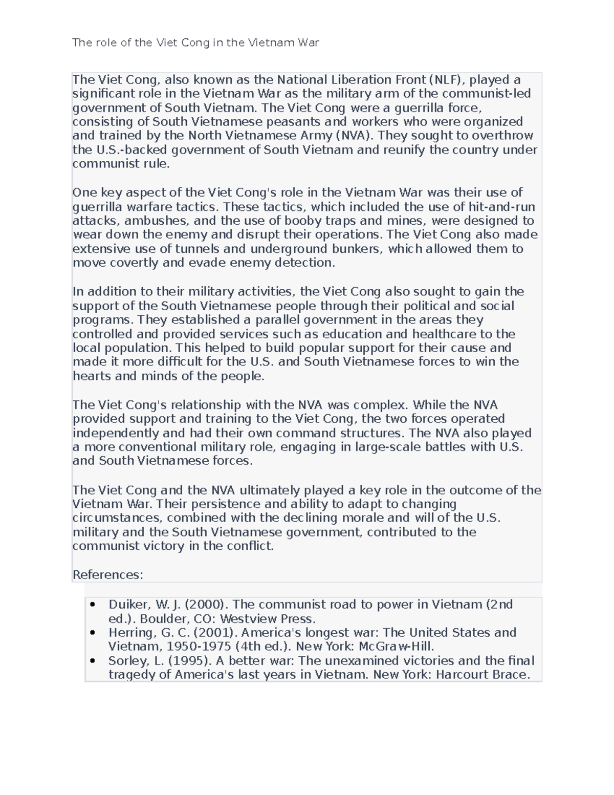 Viet Cong 3 - The final essay to this topic on the vietnam war - The ...