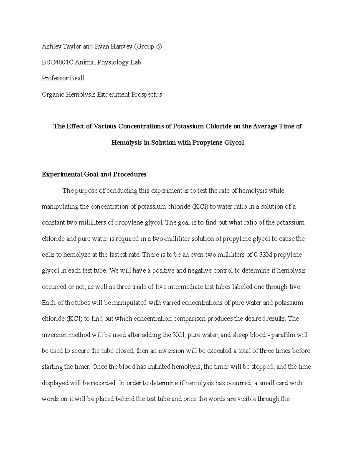 BSC4801 Hemolysis Prospectus - Ashley Taylor and Ryan Hanvey (Group 6 ...