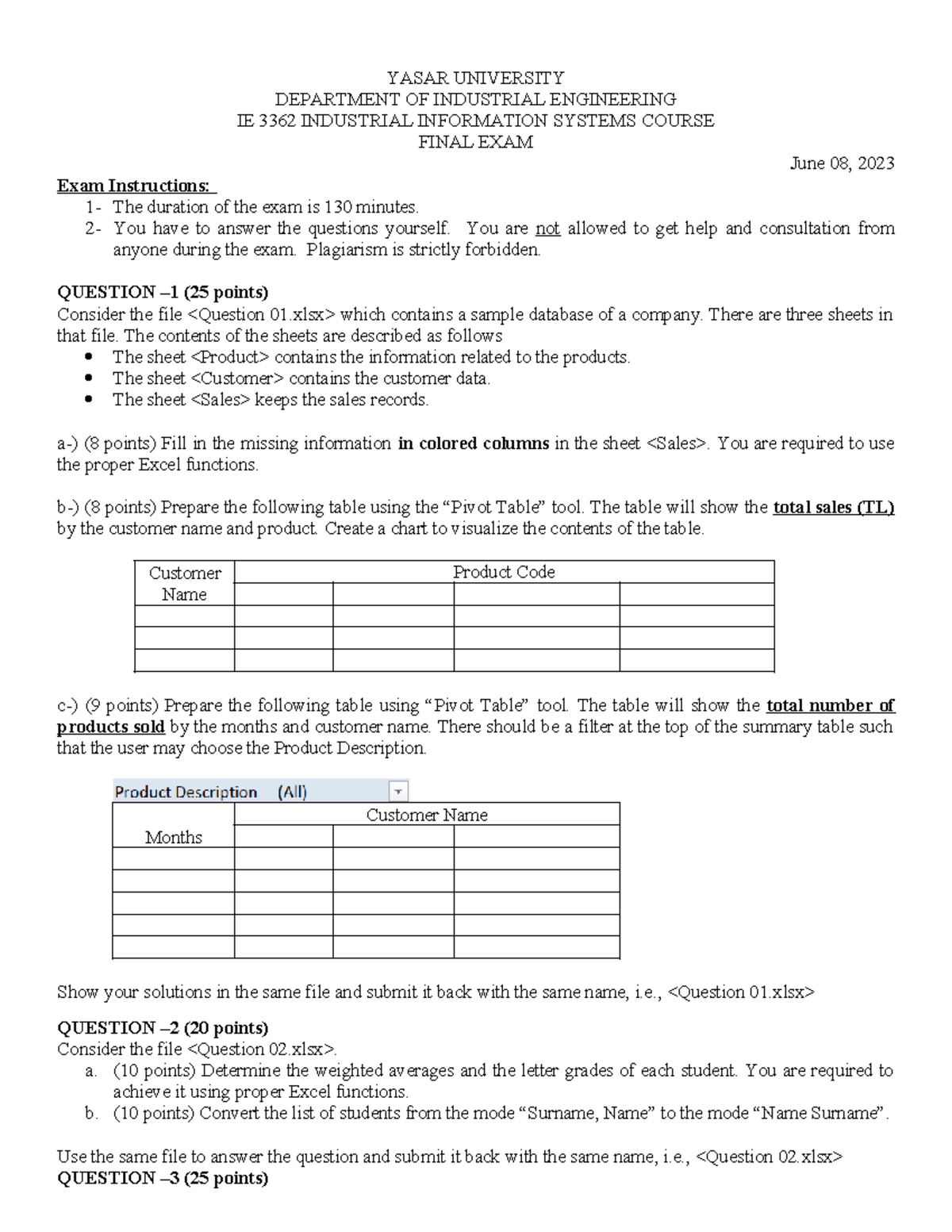 2023 Sample Questions - YASAR UNIVERSITY DEPARTMENT OF INDUSTRIAL ...