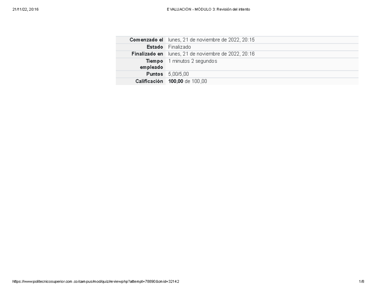 Evaluación - Módulo 3 Revisión del intento - Comenzado el lunes, 21 de noviembre de 2022, 20 ...