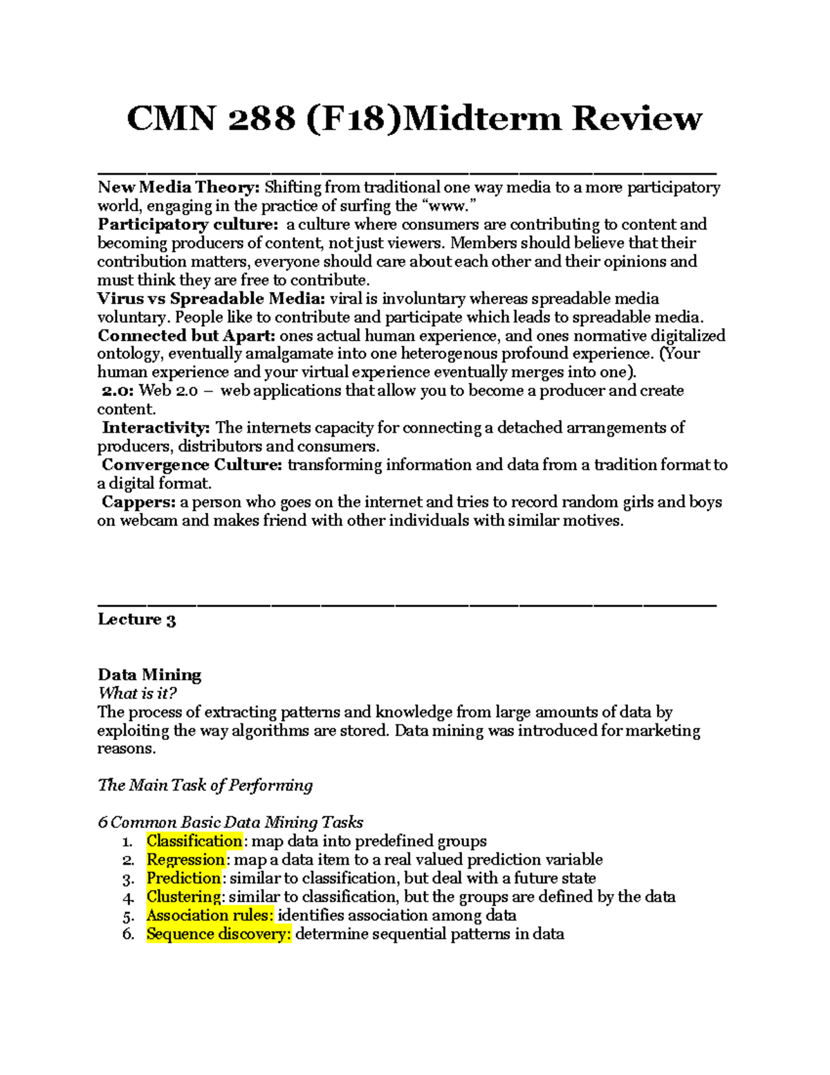 CMN 288 midterm review - Lecture notes 1-4 - CMN 288 (F18)Midterm ...