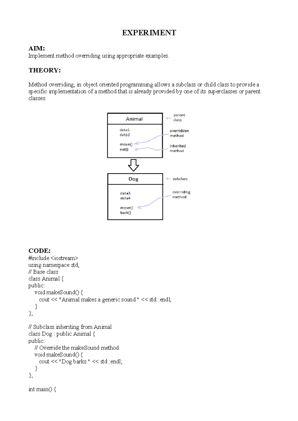OOPS8 - Implementing method overriding - EXPERIMENT AIM: Implement method overriding using - Studocu