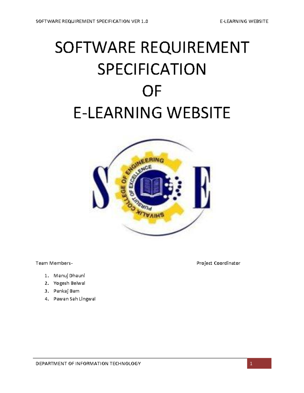 Pdfcoffee - pdf - SOFTWARE REQUIREMENT SPECIFICATION OF E-LEARNING WEBSITE Team Members- Project ...