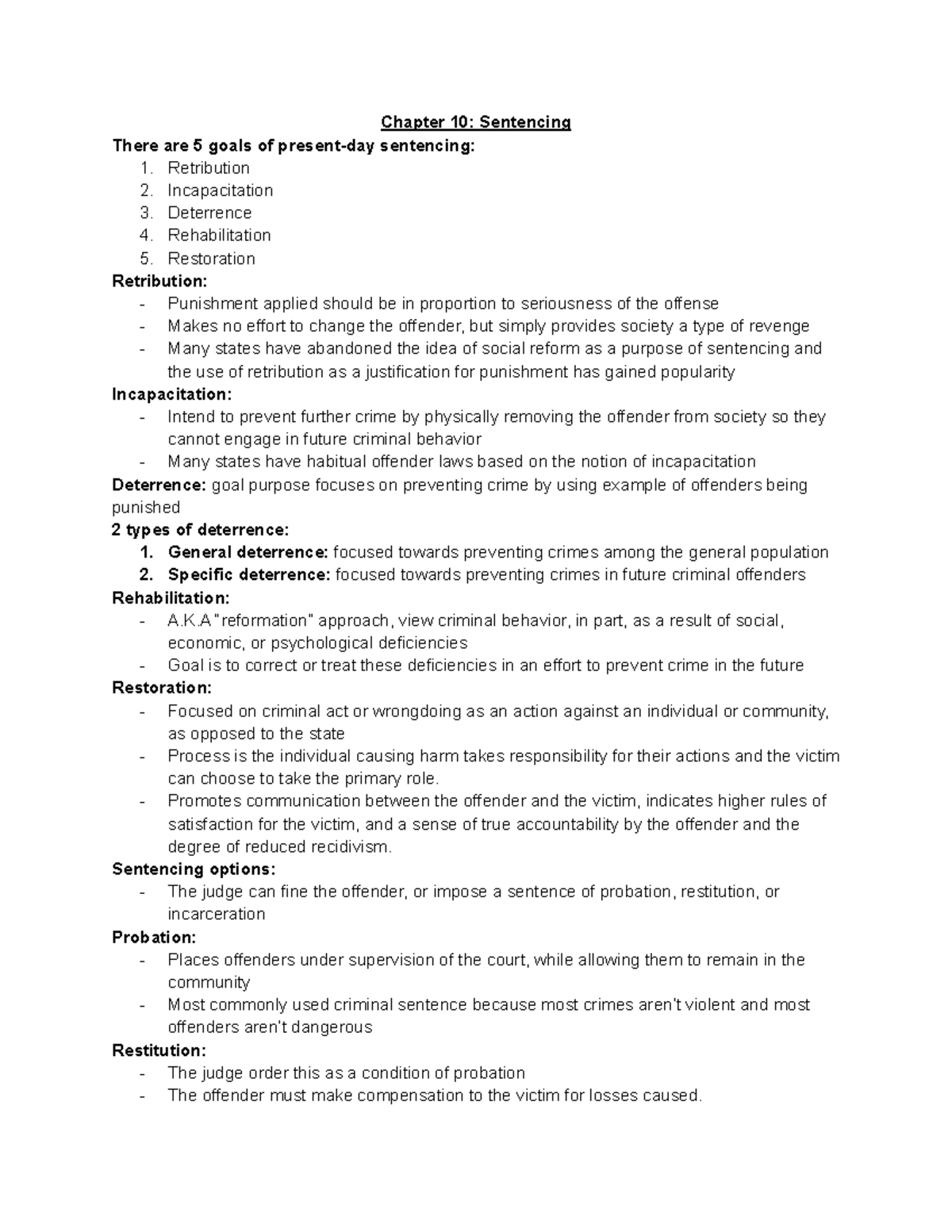 10-12 CJ - Top hat notes - Chapter 10: Sentencing There are 5 goals of ...