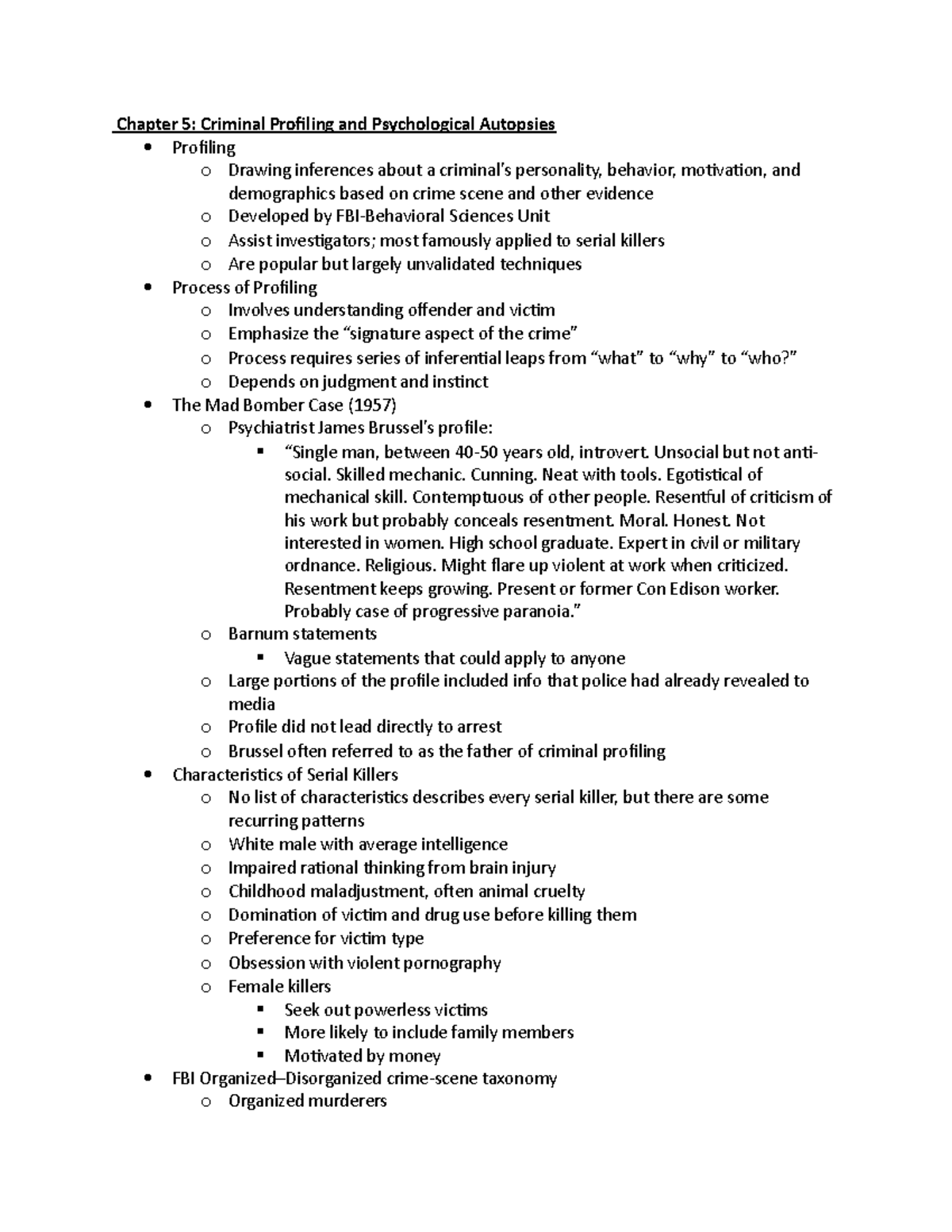 Psy 306 notes chap 5-7 - Chapter 5: Criminal Profiling and ...