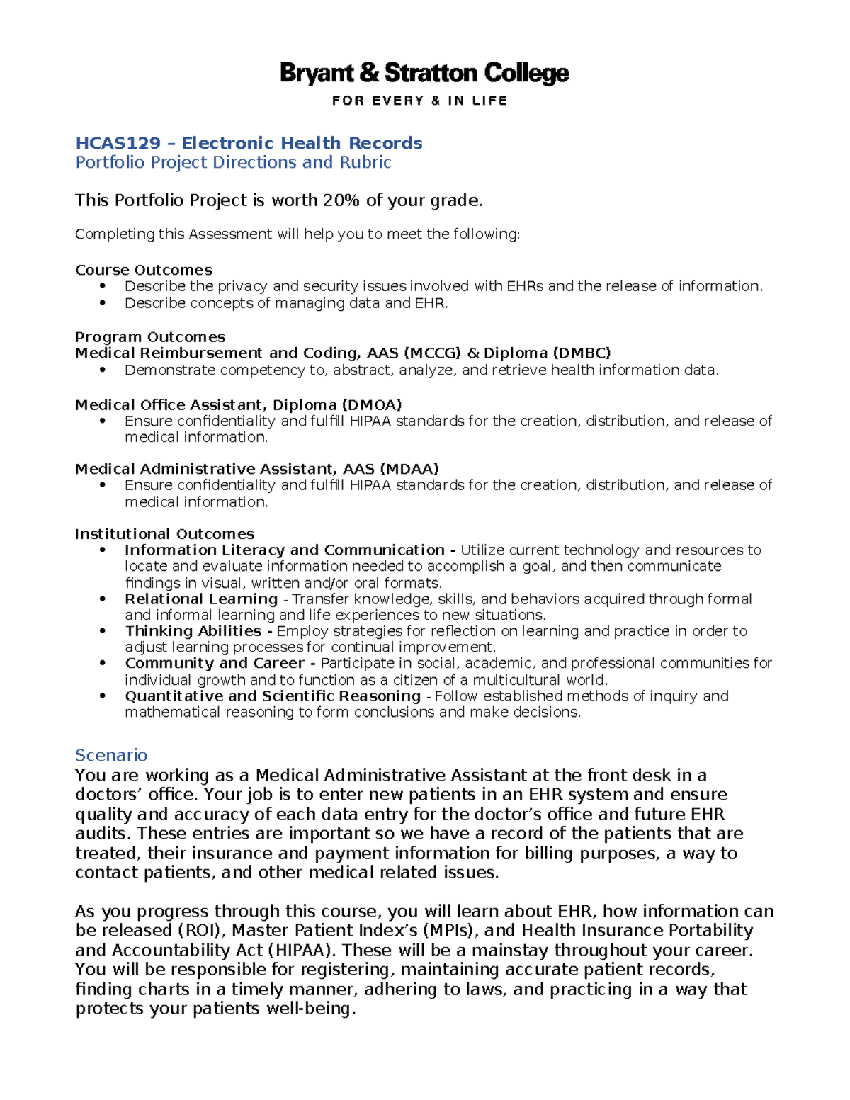 HCAS129 - Portfolio Project Directions and Rubrics - HCAS129 ...