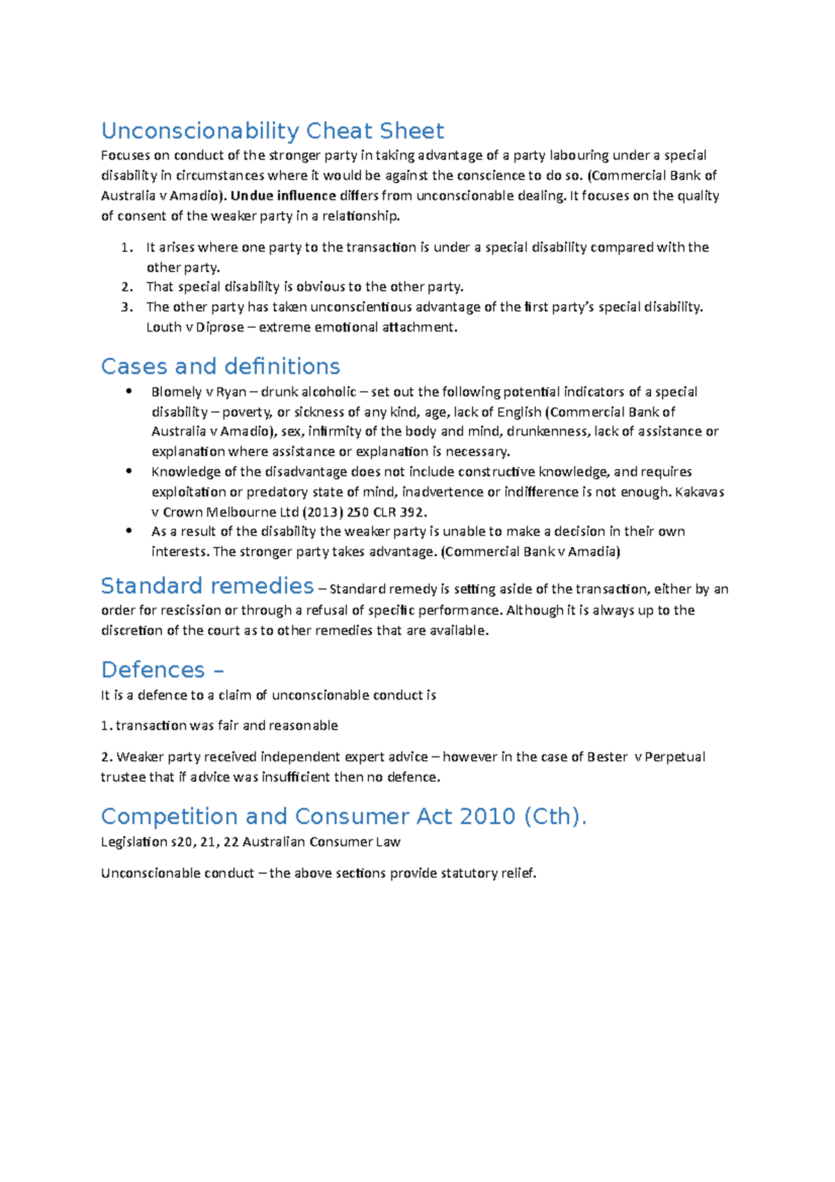 Unconscionability cheat sheet - (Commercial Bank of Australia v Amadio ...