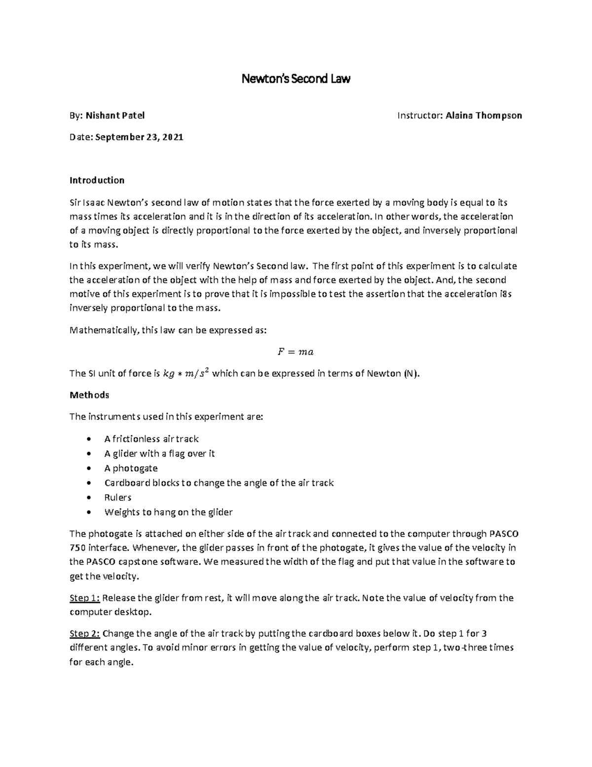 Lab 3 - IIT physis 123 Mechanics Lab report 3 - Newton’s Second Law By ...