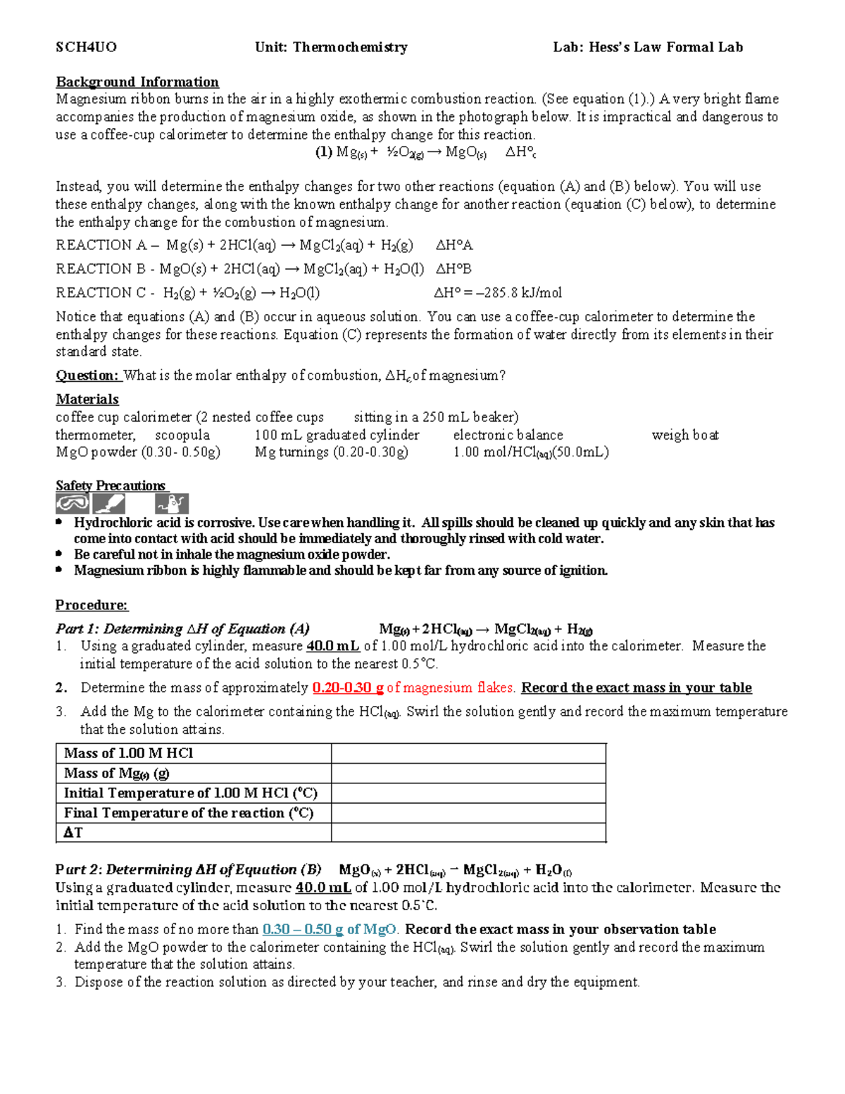 Lab - Hess' Law 2022 - Copy (1) - SCH4UO Unit: Thermochemistry Lab ...