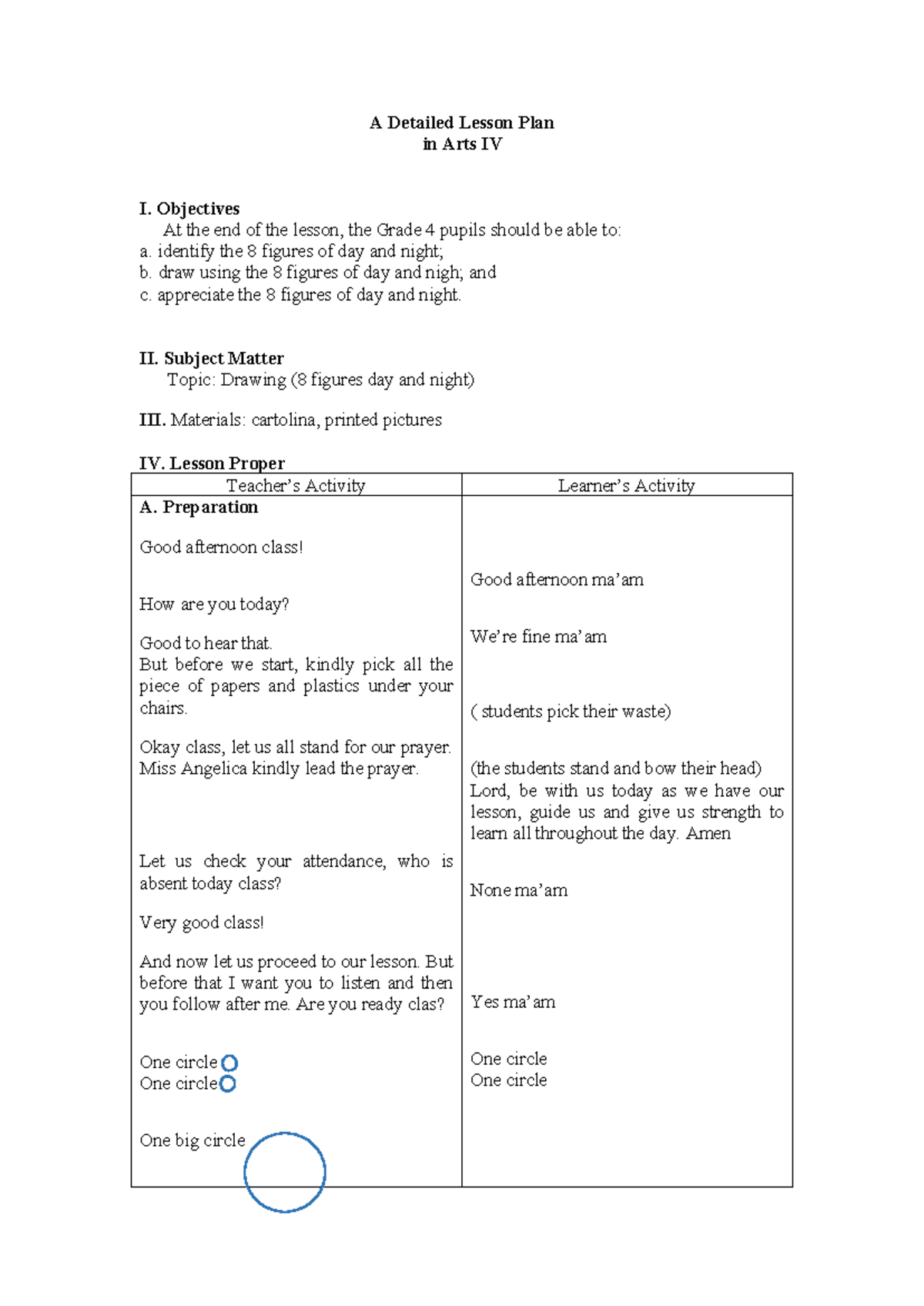 Lesson Plan( drawing 8 figures day and night) - A Detailed Lesson Plan ...