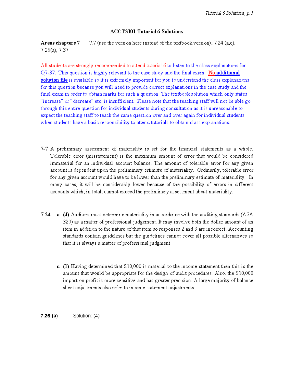 2020-1 ACCT3101 06 T Sol - Tutorial 6 Solutions, p. ACCT3101 Tutorial 6 ...