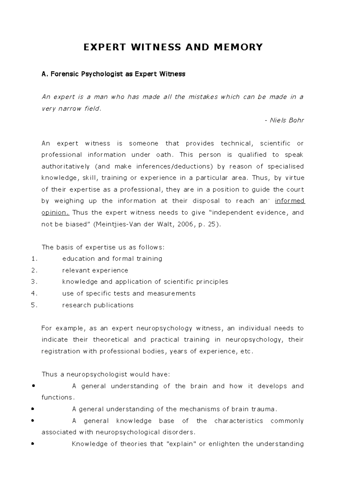 SP101 Lecture 2 class notes - EXPERT WITNESS AND MEMORY A. Forensic ...