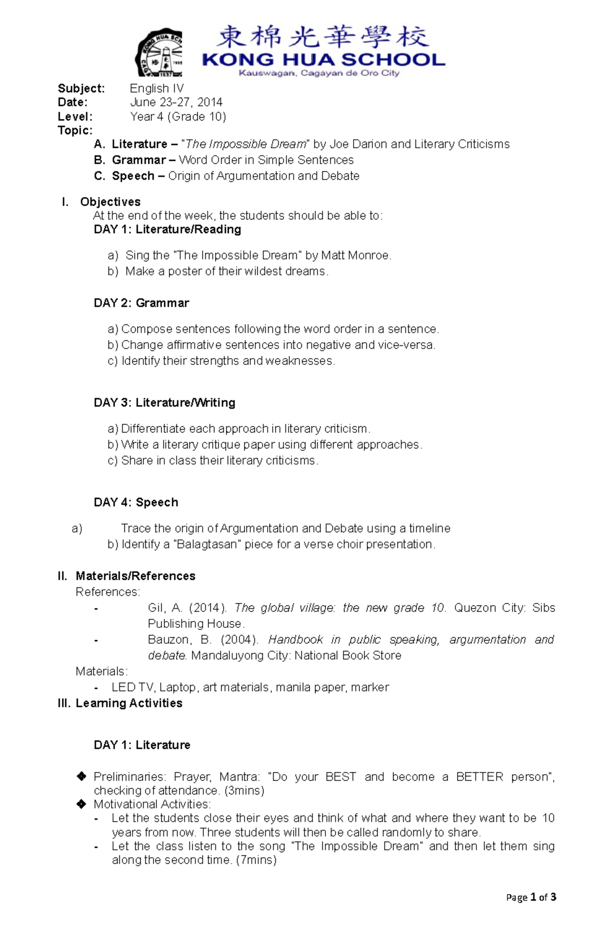 Year 4 Lesson Plan (2rd Week) - Subject: English IV Date: June 23-27 ...