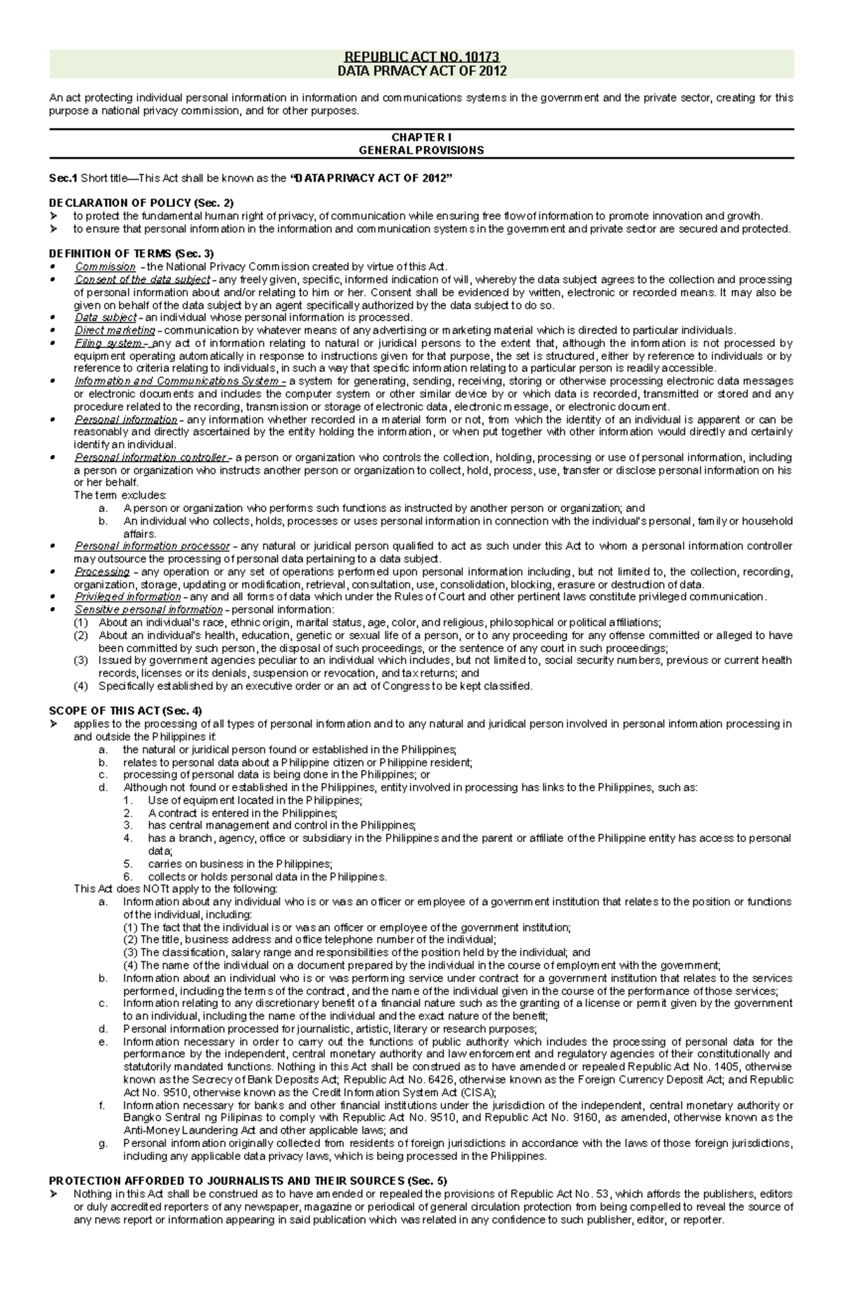 Data Privacy Act Of 2012 Handout REPUBLIC ACT NO 10173 DATA PRIVACY data-privacy-act-of-2012-handout-republic-act-no-10173-data-privacy