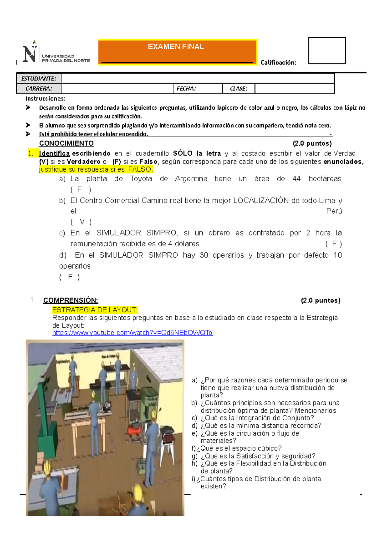 Examen Final-(Administración de Operaciones) - Duración: 80 min. Calificación: ESTUDIANTE ...