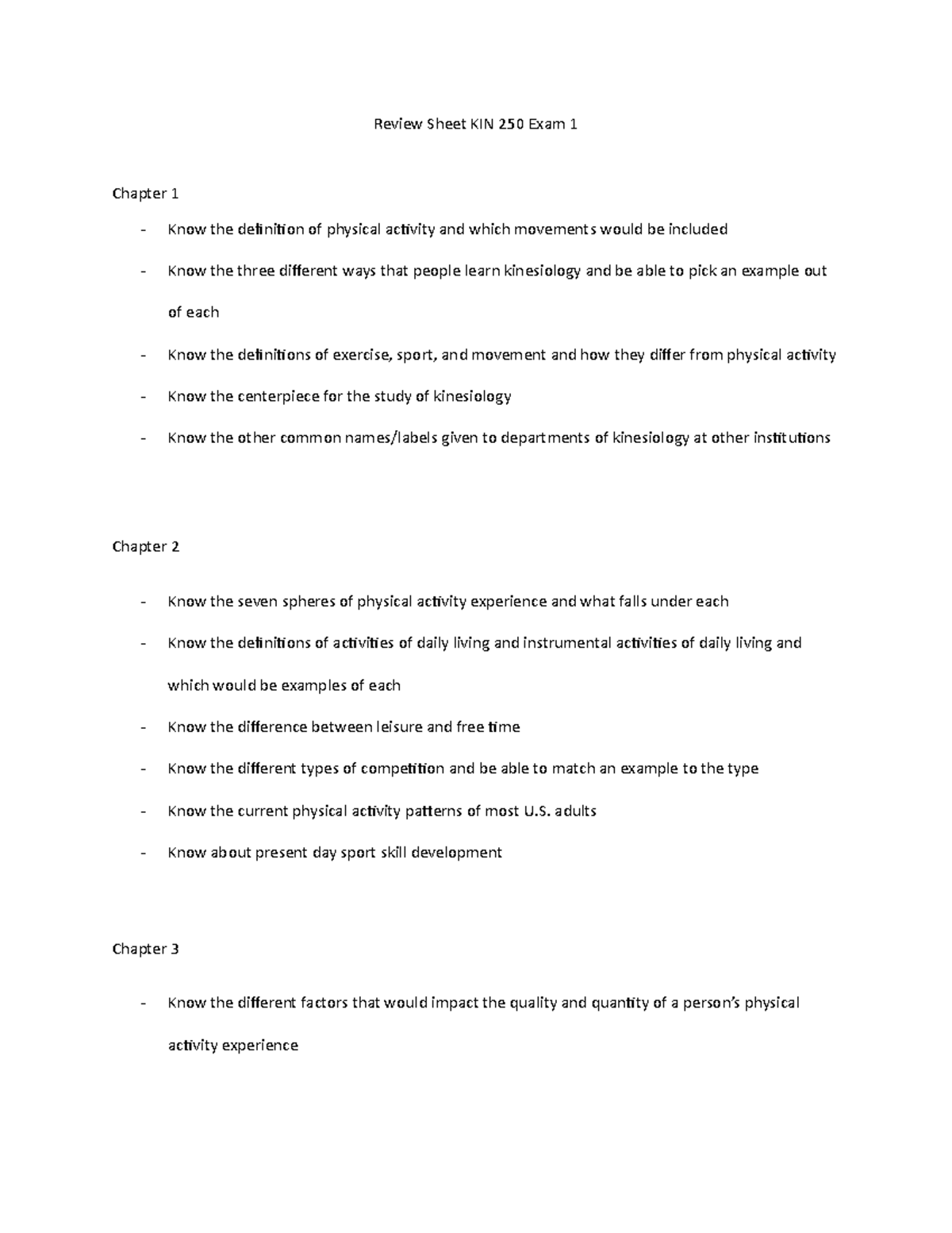 KIN 250 Exam 1 Review Sheet - Review Sheet KIN 250 Exam 1 Chapter 1 ...