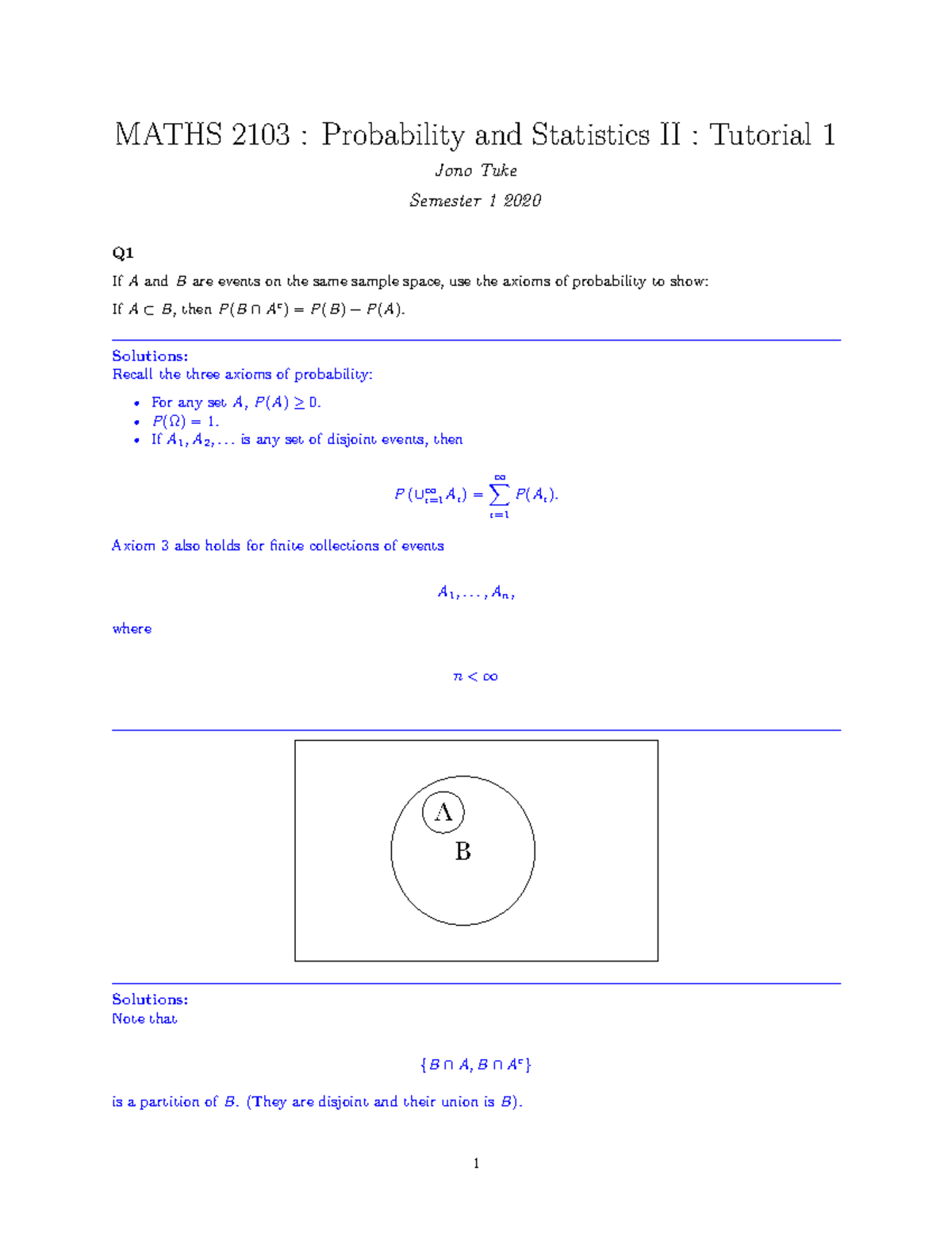 PST1S - Lecture slides - MATHS 2103 : Probability and Statistics II : Tutorial 1 Jono Tuke ...