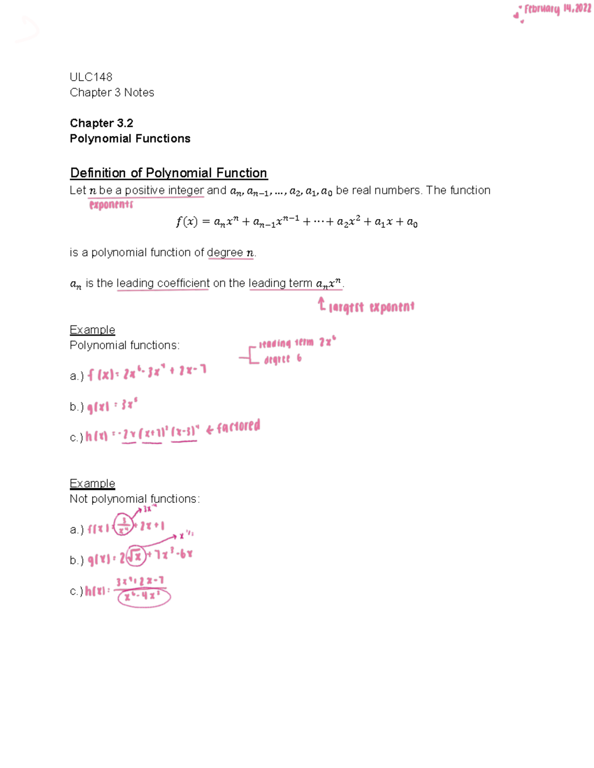 ULC148Ch3 - ch 3.2 notes - ULC Chapter 3 Notes Chapter 3. Polynomial ...